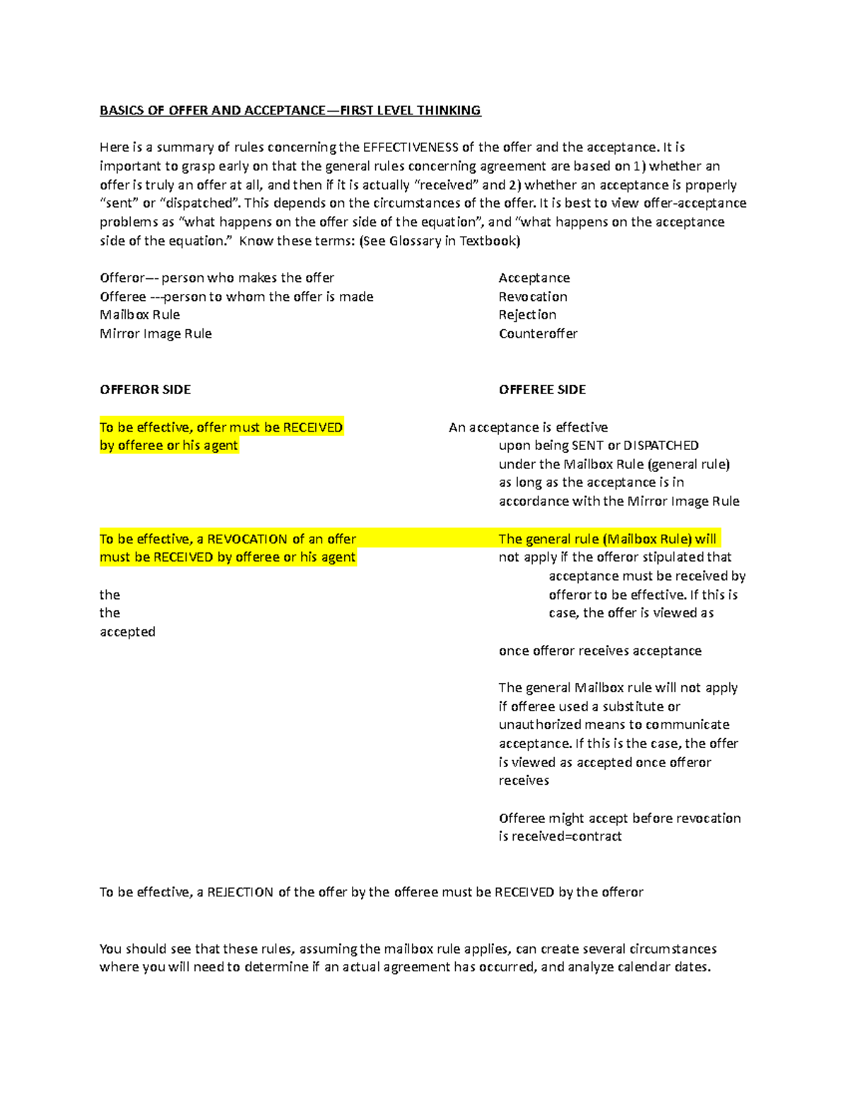 Basics of Offer and Acceptance - BASICS OF OFFER AND ACCEPTANCE—FIRST ...