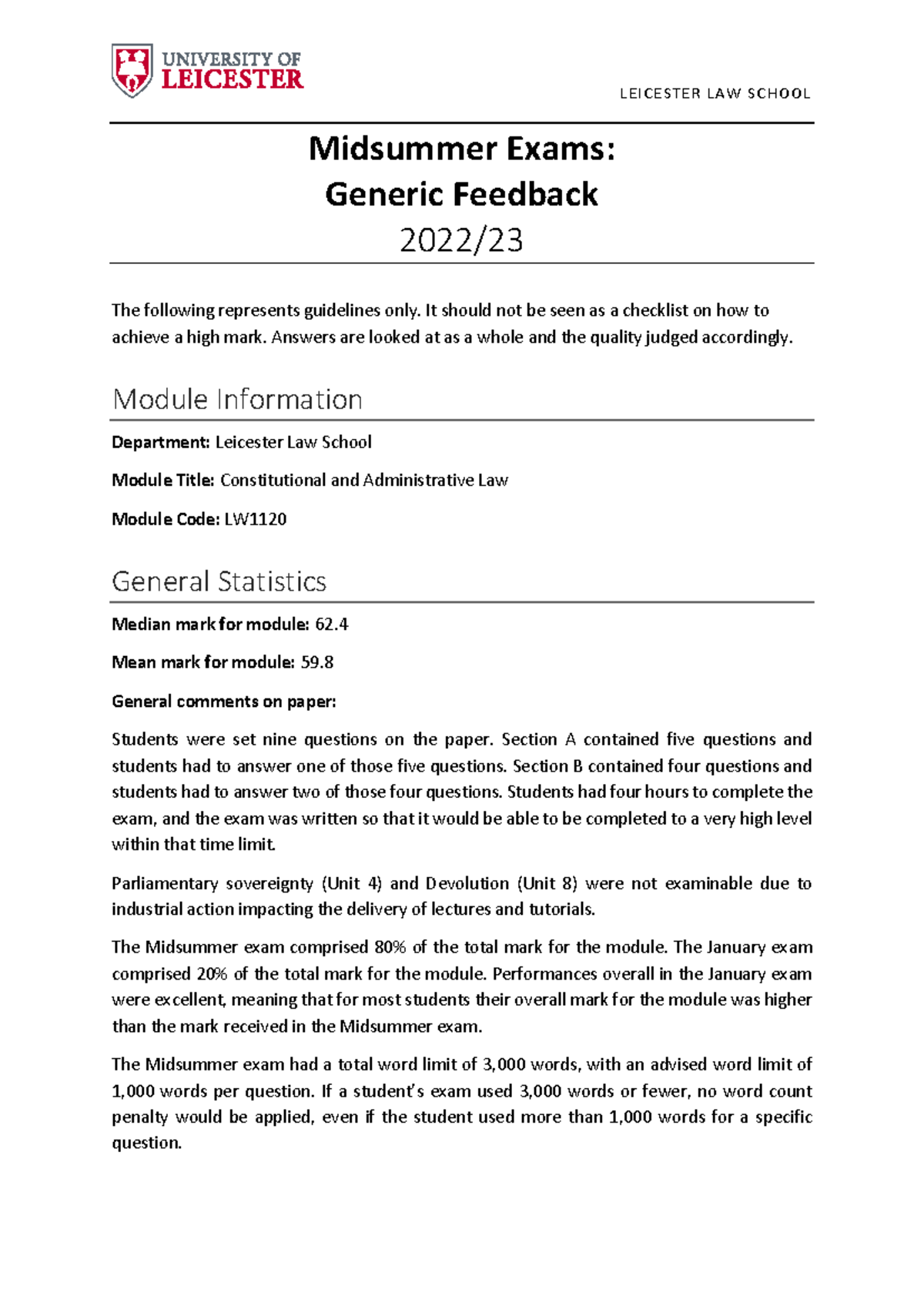 LW1120 Constitutional and Administrative Law Generic Feedback Midsummer 2023 - Midsummer Exams ...