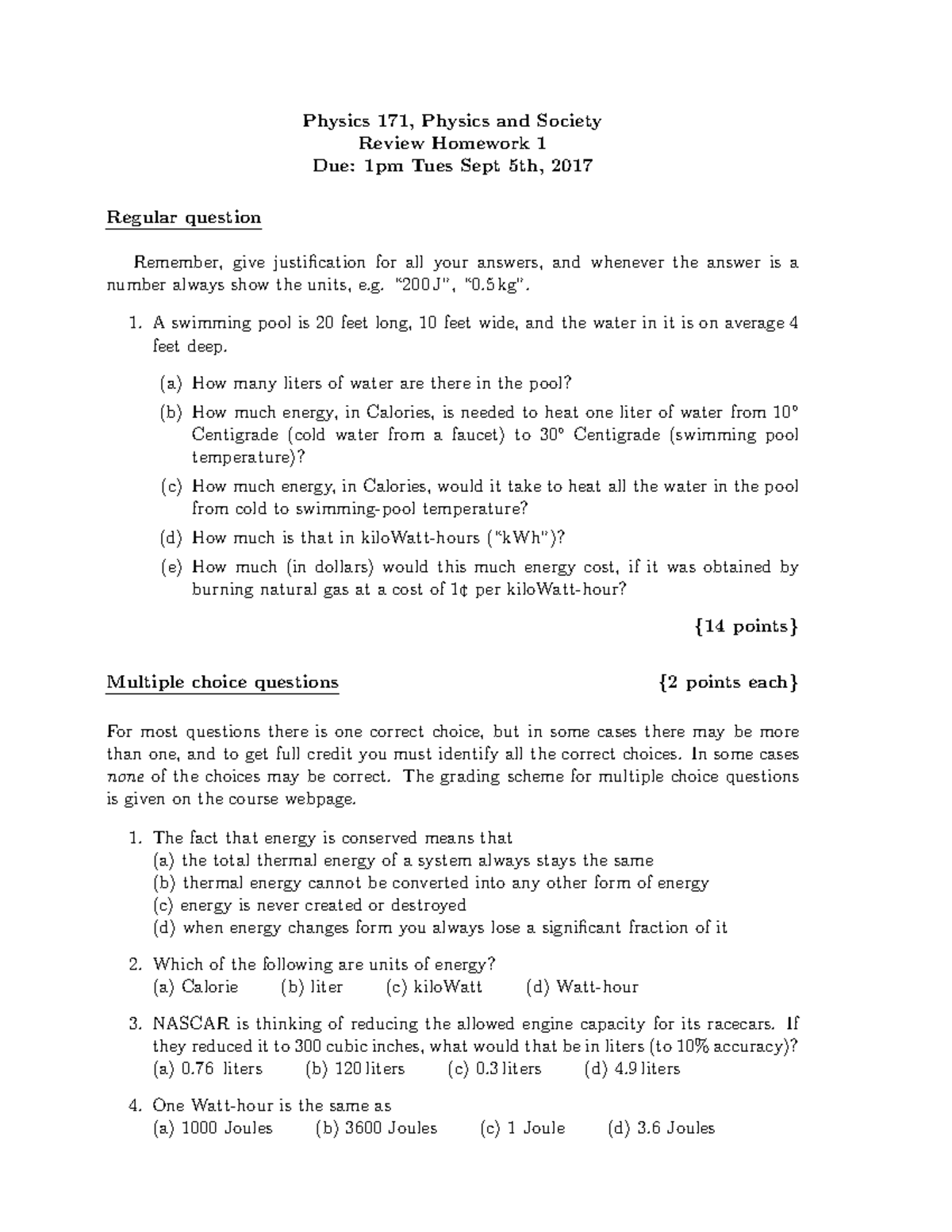 2017-2018 Homework 1 - Physics 171, Physics and Society Review Homework ...