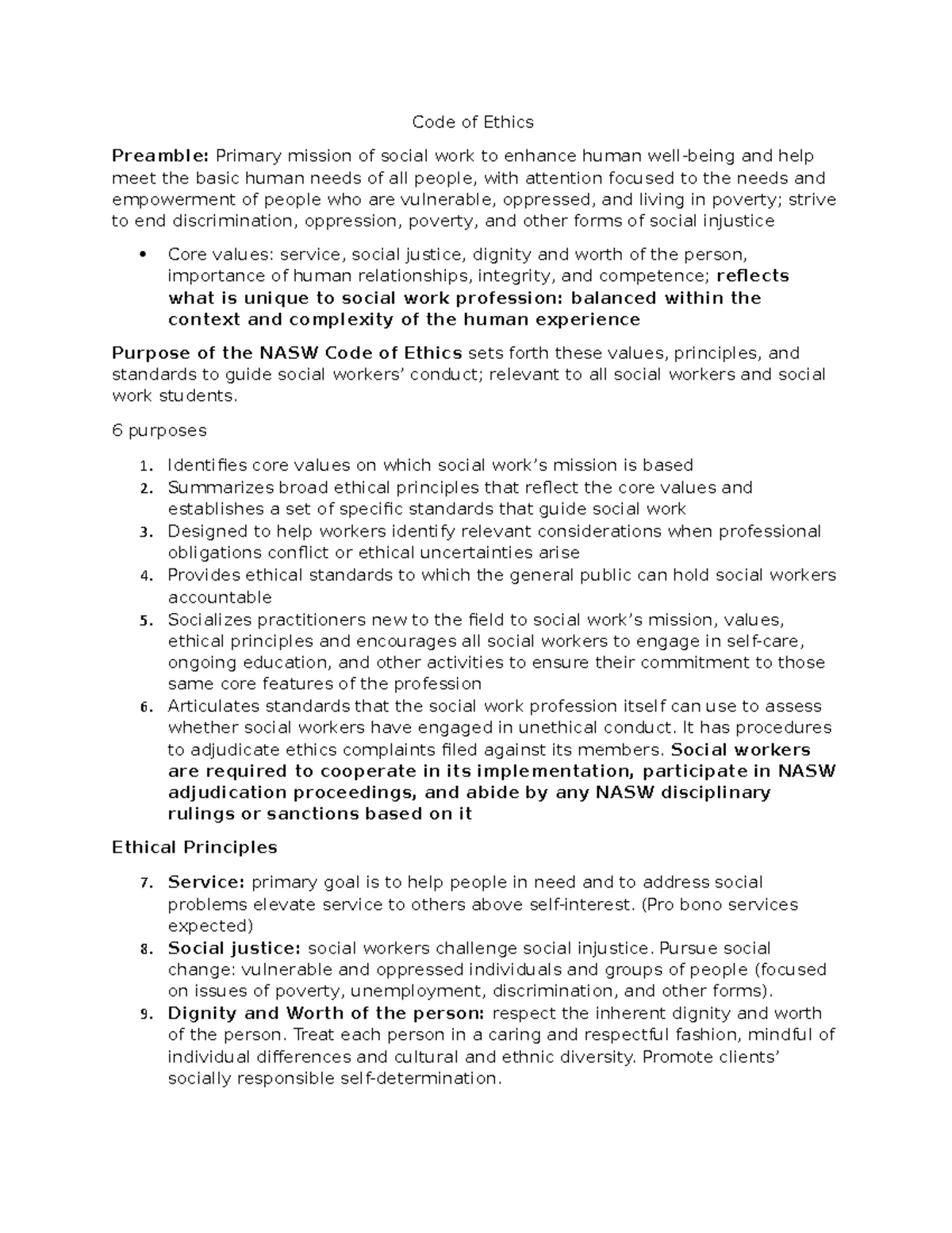 Human Development: Ethics - Code of Ethics Preamble: Primary mission of ...