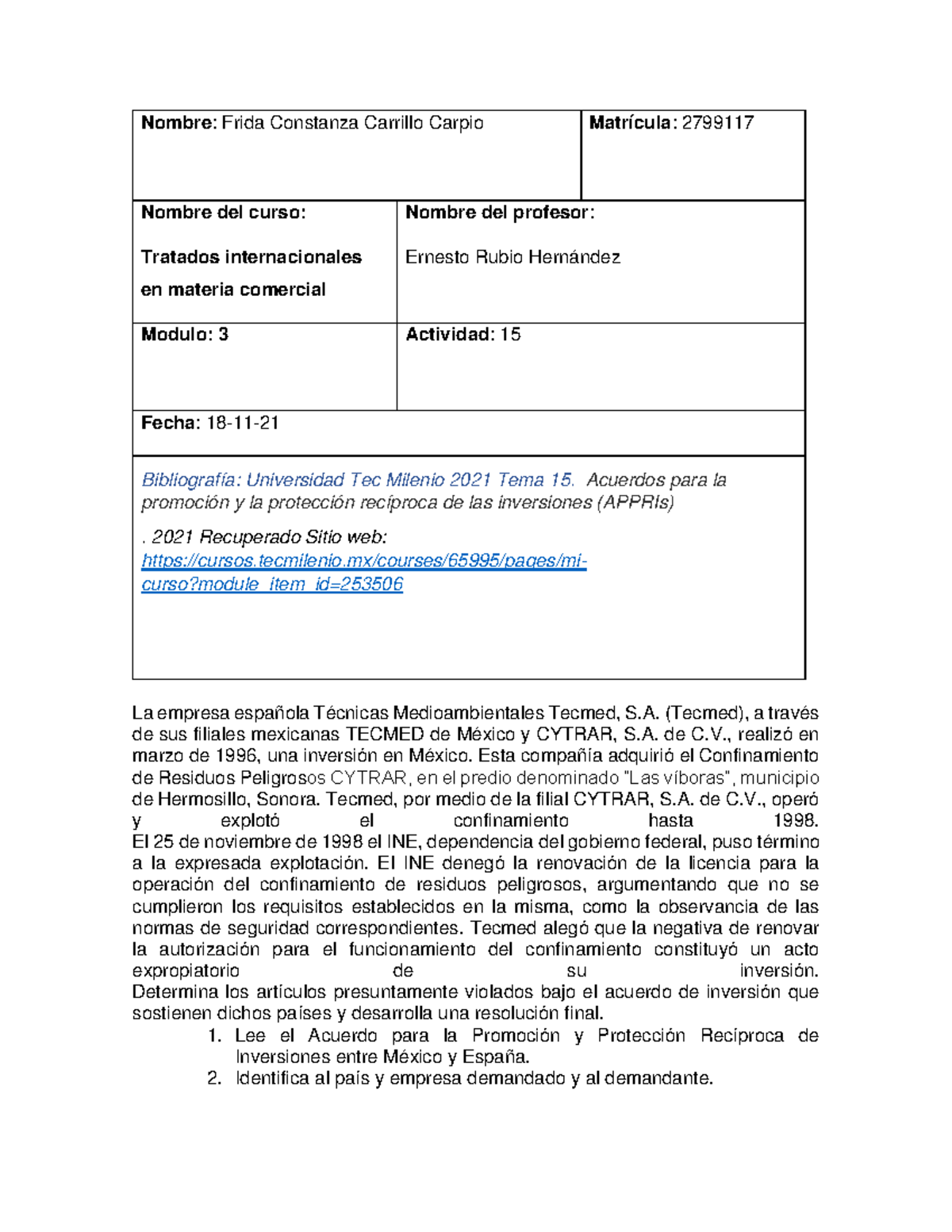 Actividad 15 tratados internacionales - Nombre : Frida Constanza ...