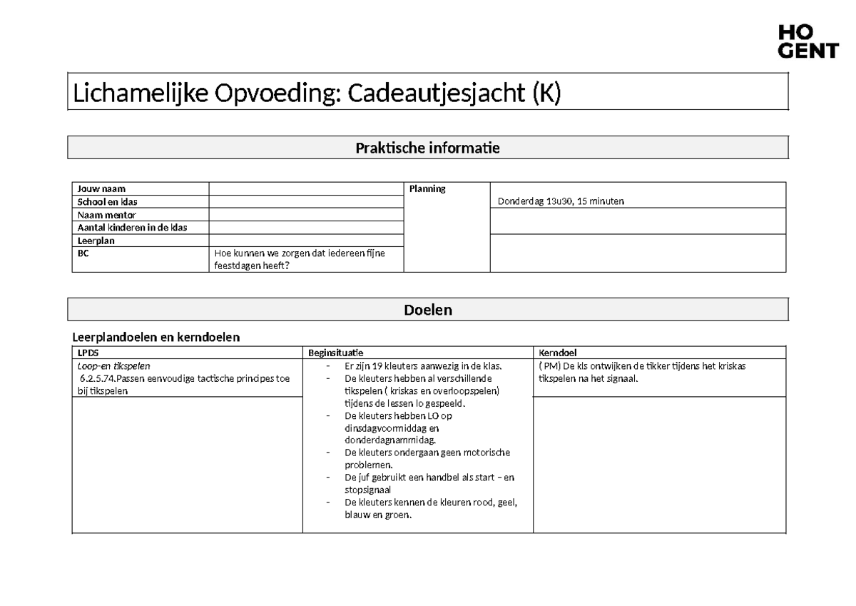 Voorbereiding van een OLA - Lichamelijke Opvoeding: Cadeautjesjacht (K ...