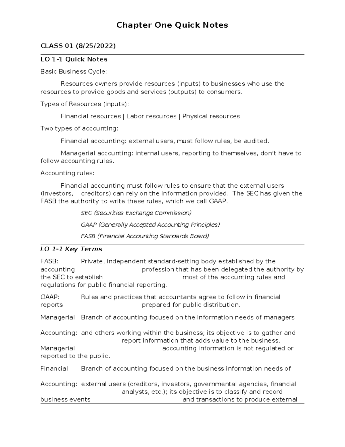 Acct Ch 1 - Acct - CLASS 01 (8/25/2022) LO 1-1 Quick Notes Basic ...