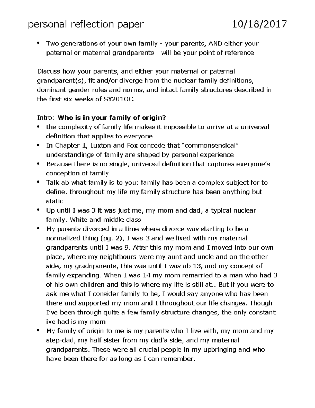 Notes - personal reflection paper 10/18/ Two generations of your own ...
