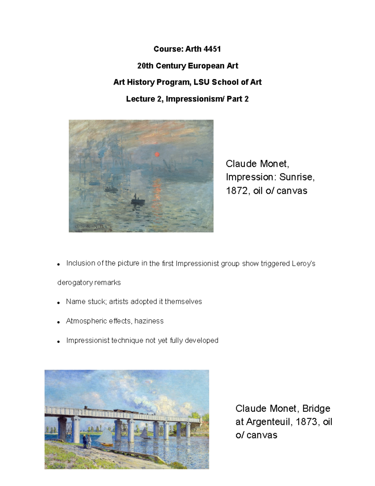 Lecture 2 Impressionism part 2 - Course: Arth 4451 20th Century ...