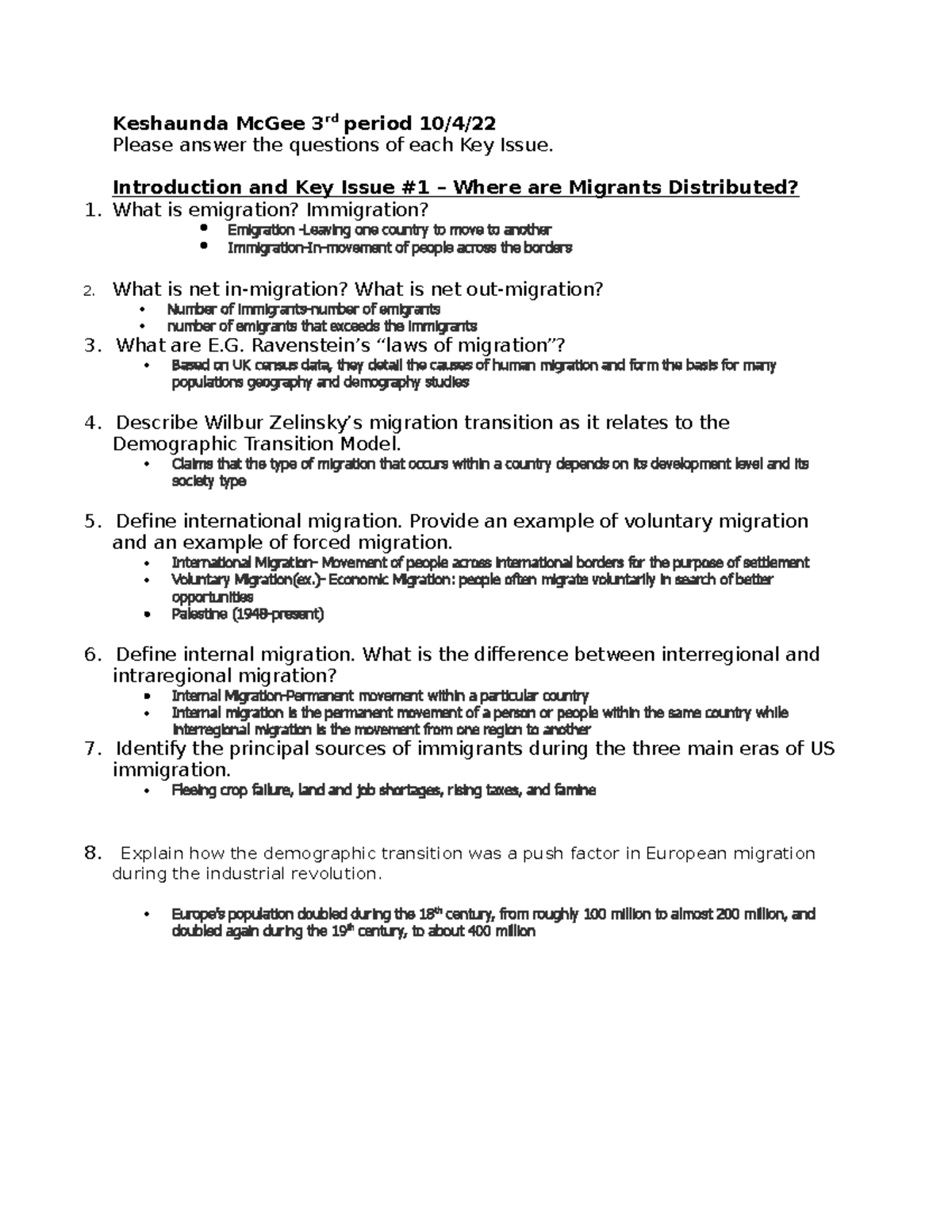 Chapter 3- Migration Homework Guide pt - Keshaunda McGee 3rd period 10/4/ Please answer the ...