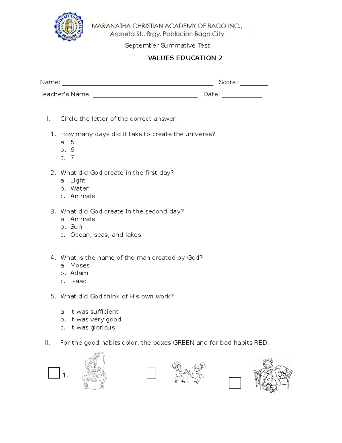 Summative-IN-ESP - Test - September Summative Test VALUES EDUCATION 2 ...