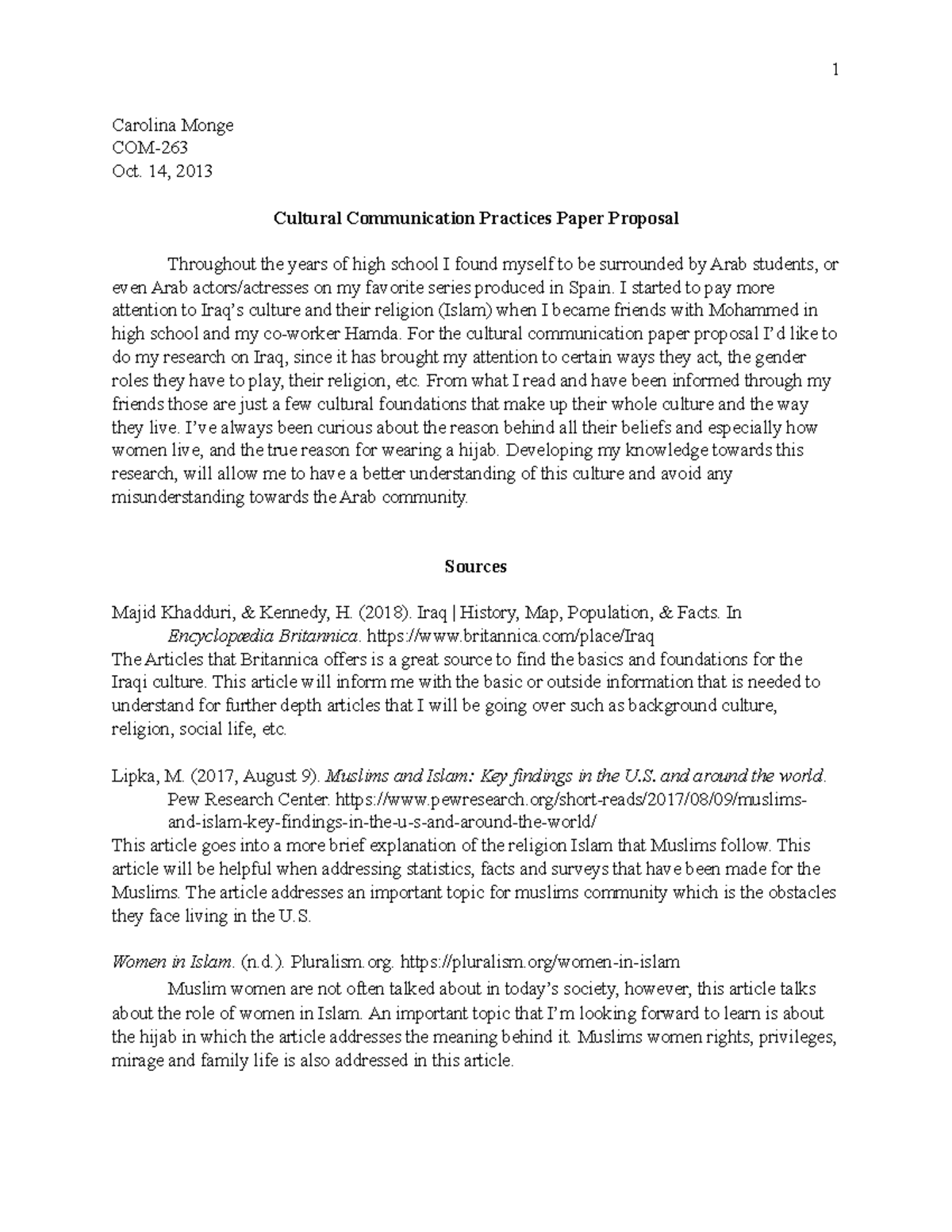 Cultural Communication Practices Paper Proposal - 1 Carolina Monge COM ...
