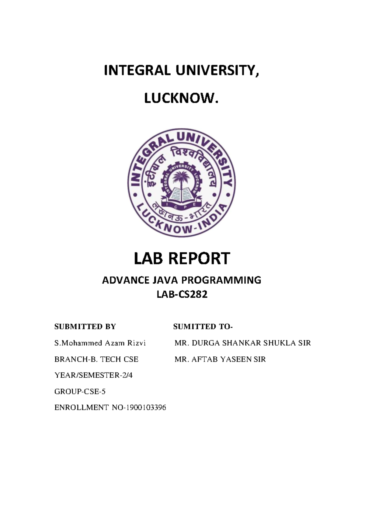MY Advance JAVA LAB Front Side - INTEGRAL UNIVERSITY, LUCKNOW. LAB ...