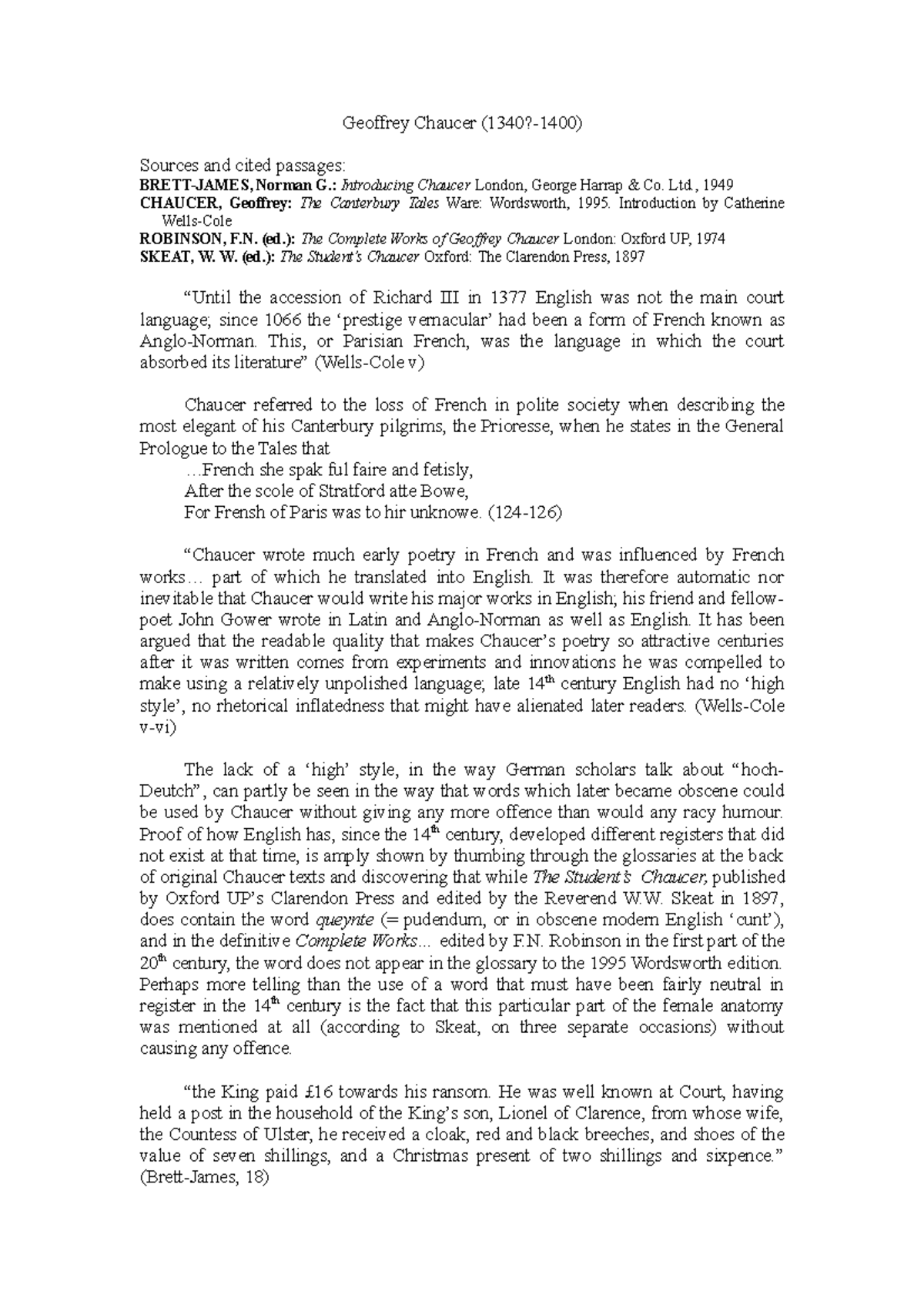 Lecture Two HO - Geoffrey Chaucer (1340?-1400) Sources and cited ...