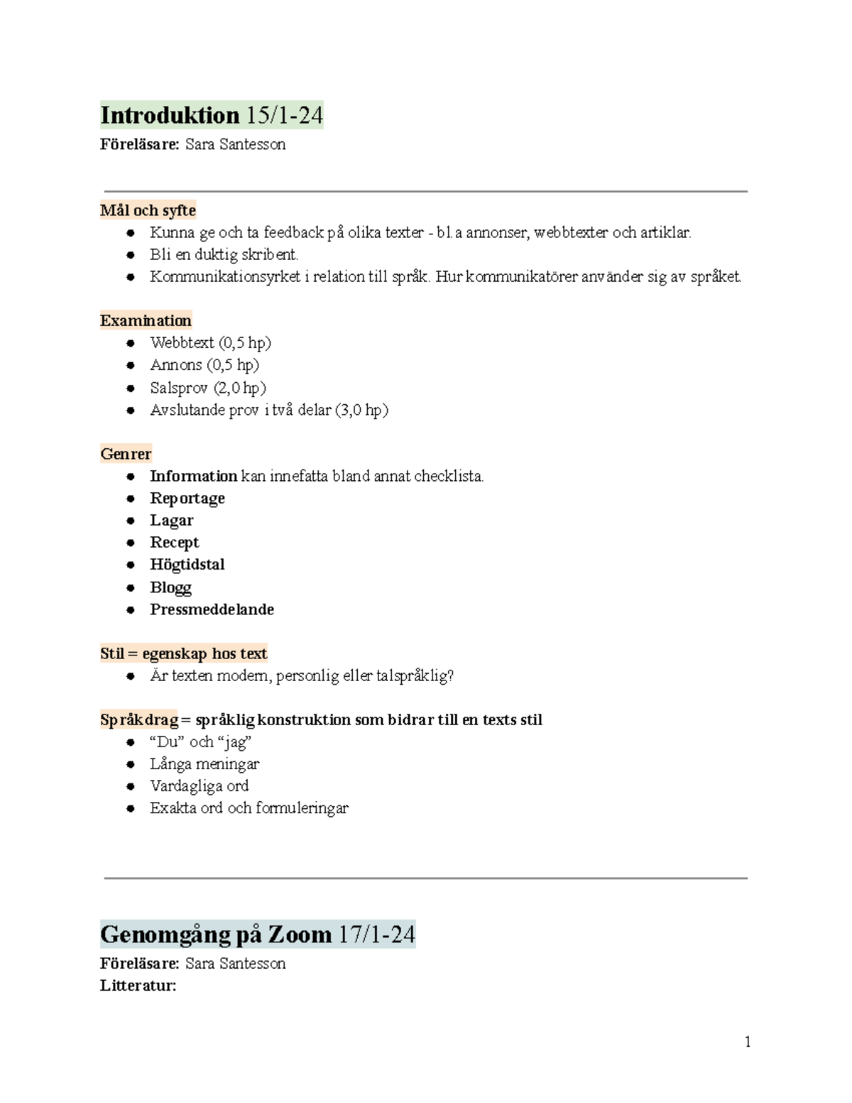 SKOC24 - Föreläsningsanteckningar - Introduktion 15/1- Föreläsare: Sara ...