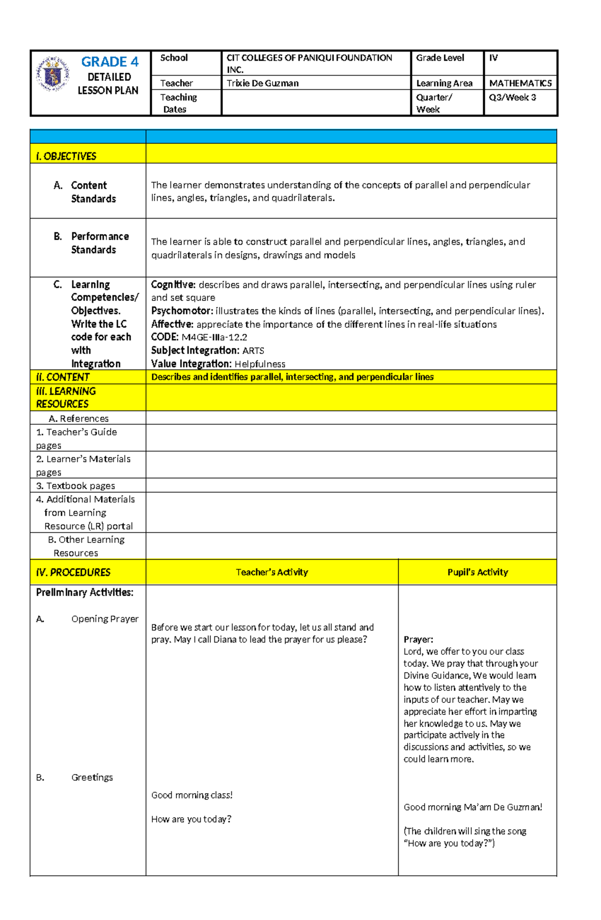 Detailed Lesson PLAN MATH - GRADE 4 DETAILED LESSON PLAN School CIT ...