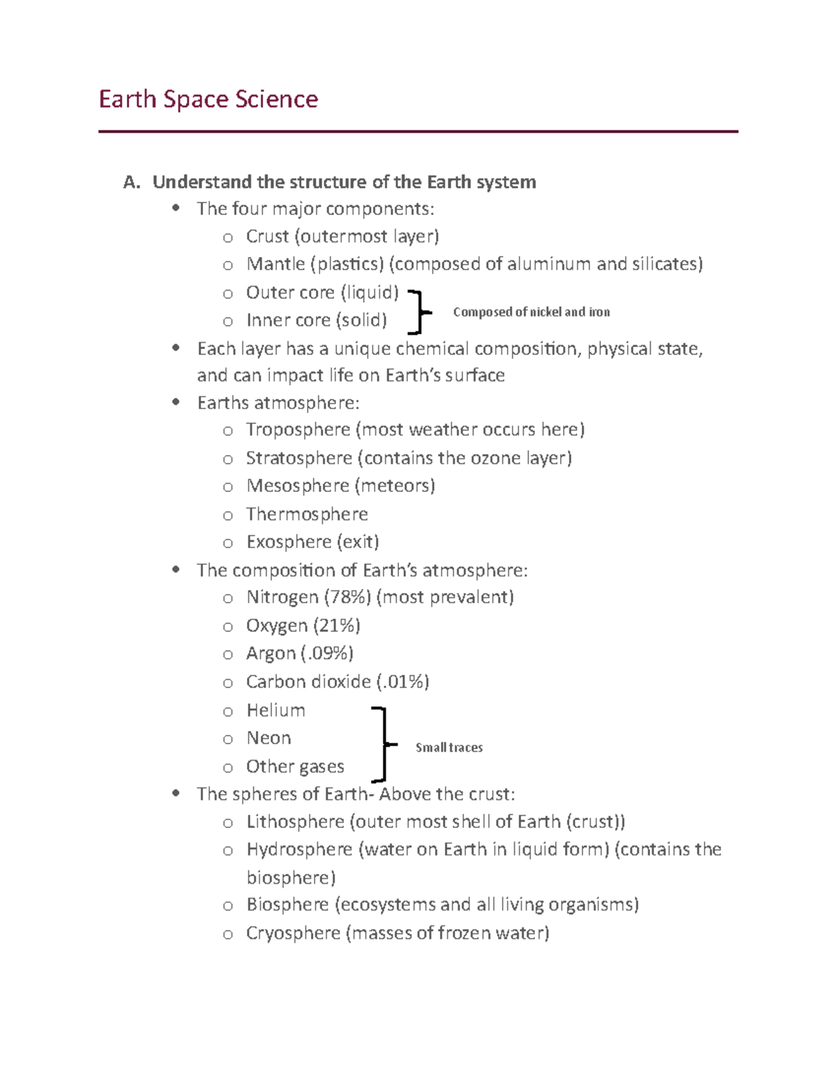 Science notes - Test prep materials - Earth Space Science A. Understand ...