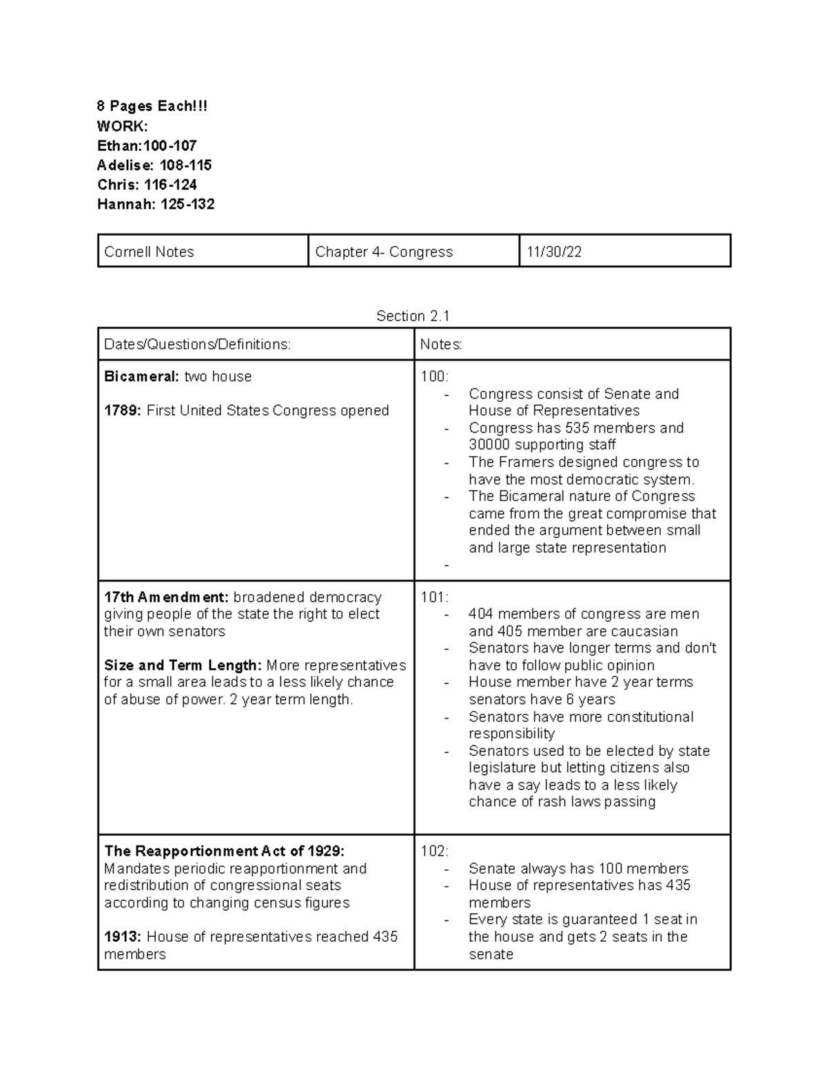 Cornell Notes Chapter 4 (E.A.C - 8 Pages Each!!! WORK: Ethan:100 ...