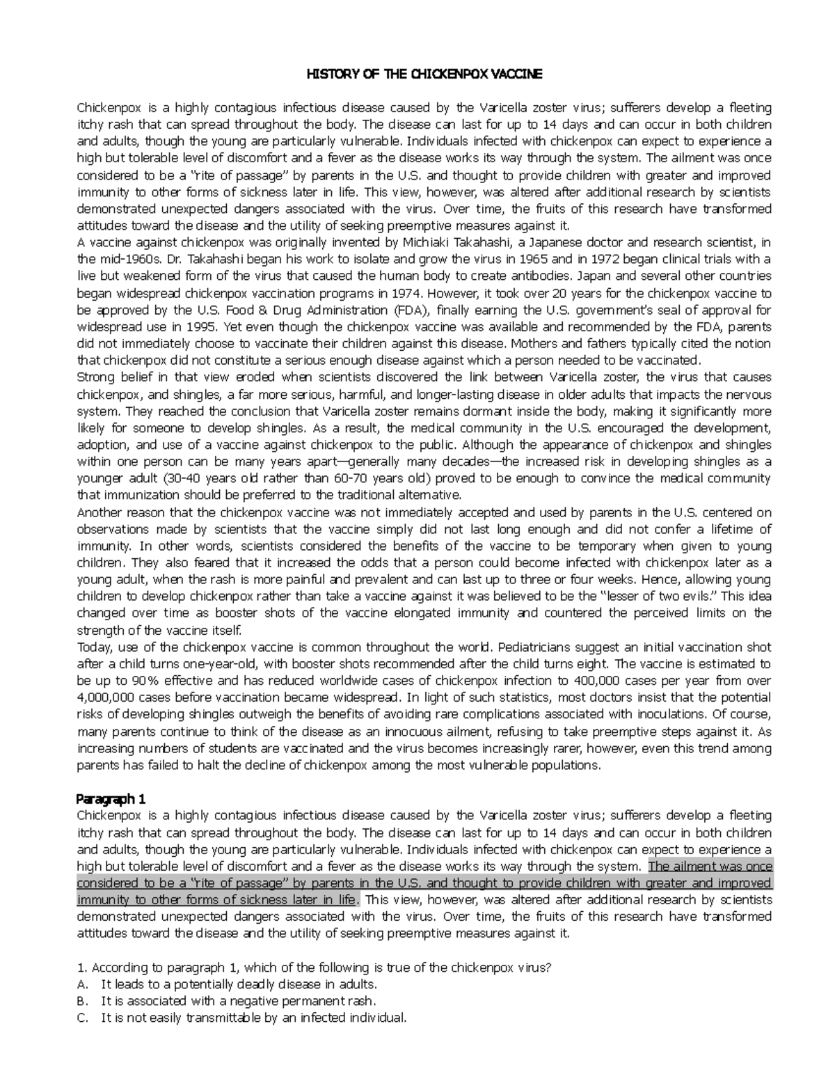 History OF THE Chickenpox Vaccin 1 Reading T - HISTORY OF THE ...