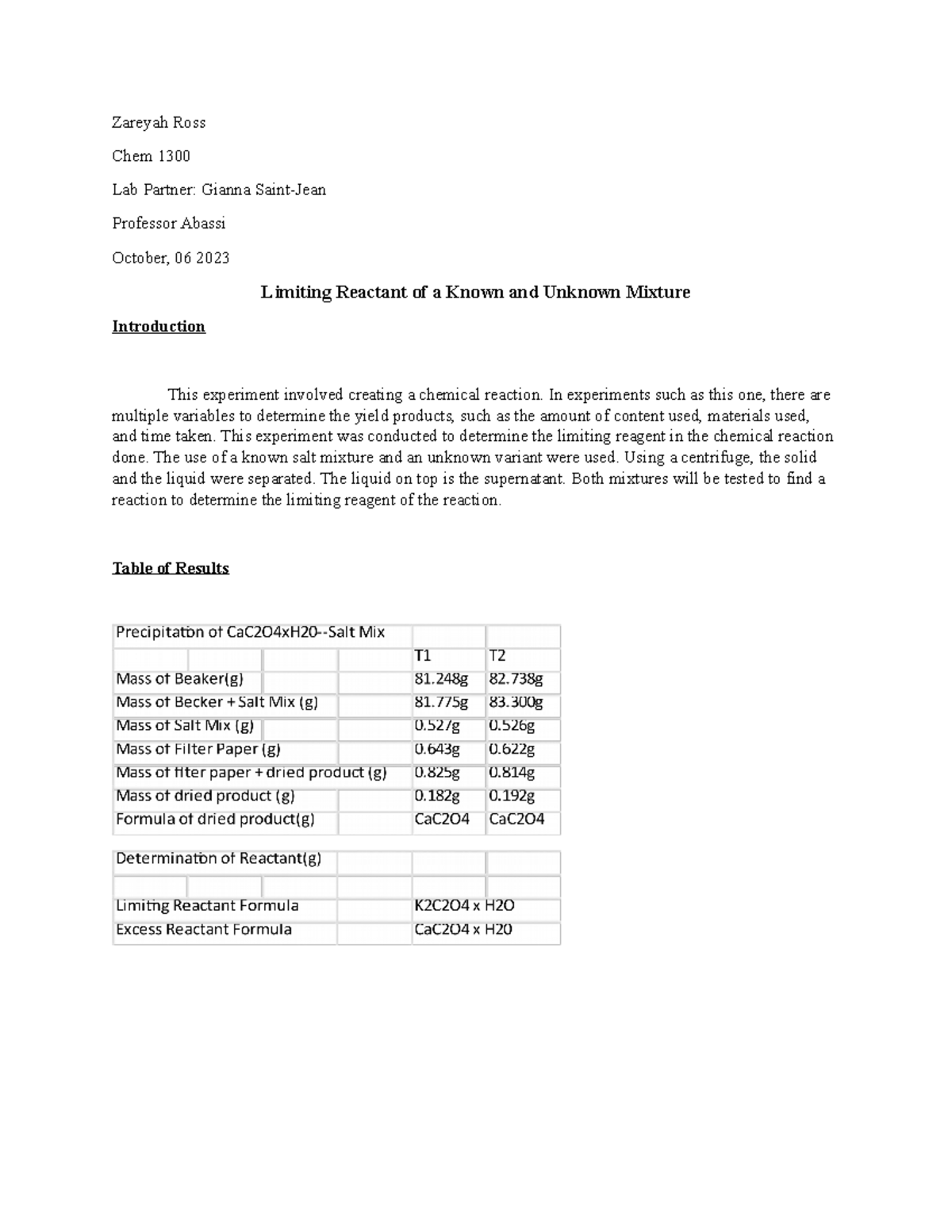 Lab Report Limiting Reactant Completed Zareyah Ross Chem 1300 Lab Partner Gianna Saint Jean 