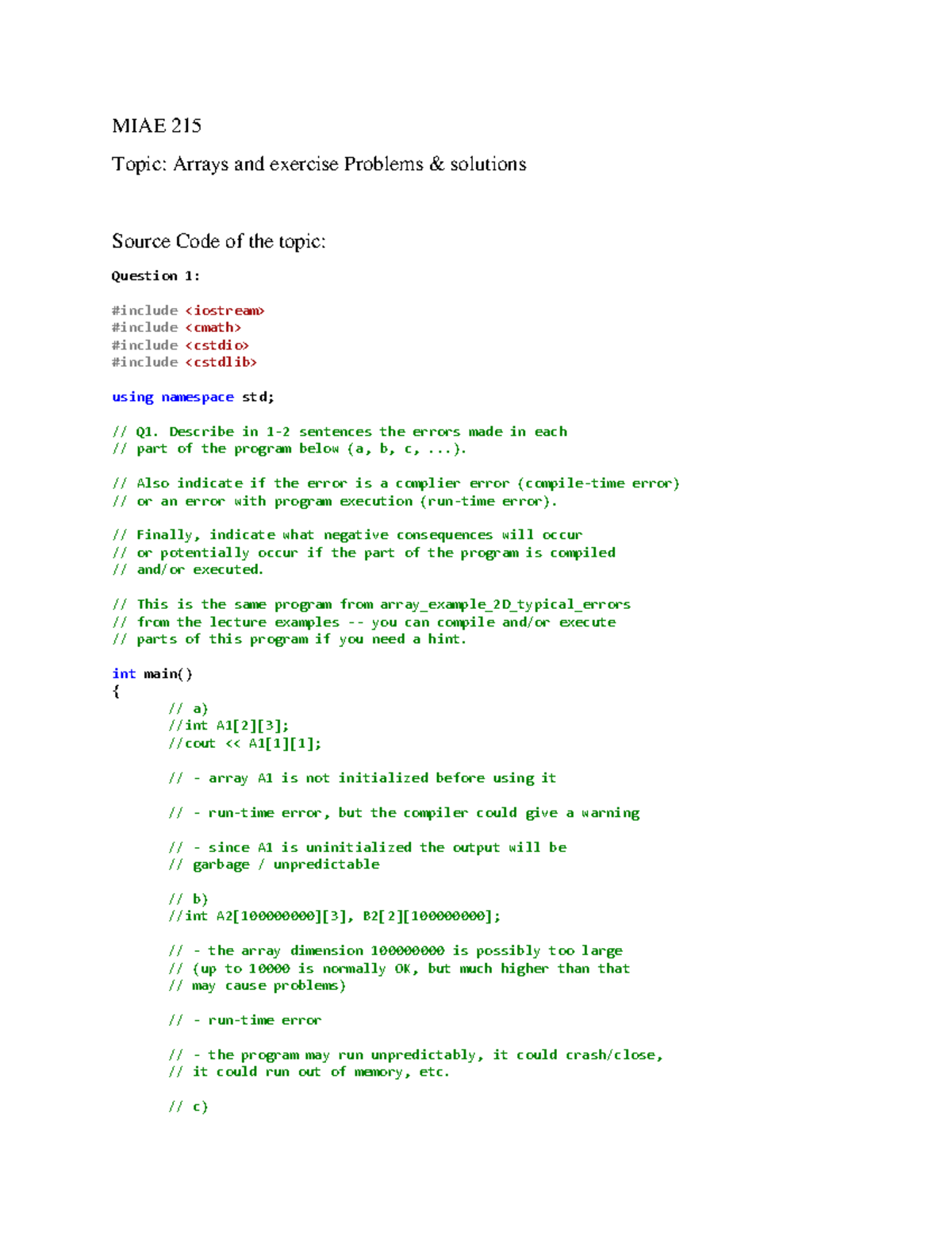 215 part1 q1 - MIAE 215 Topic: Arrays and exercise Problems & solutions Source Code of the - Studocu