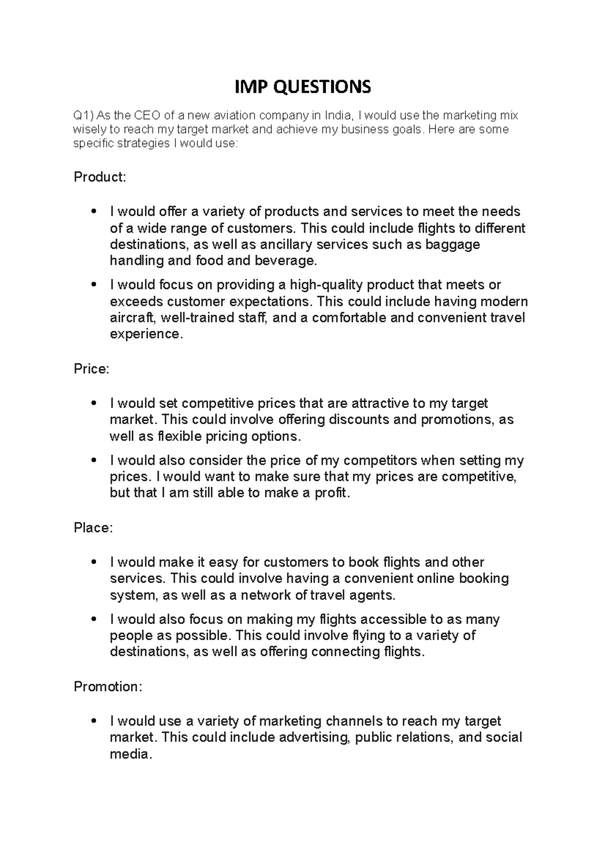 IMP Questions ASPM - IMP QUESTIONS Q1) As the CEO of a new aviation ...