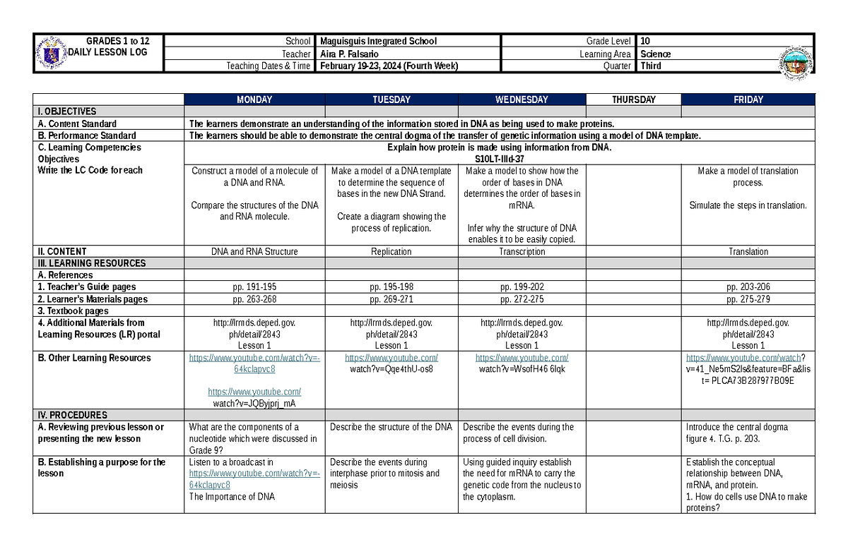 3RD WEEK 4 - LESSON PLAN - GRADES 1 to 12 DAILY LESSON LOG School ...