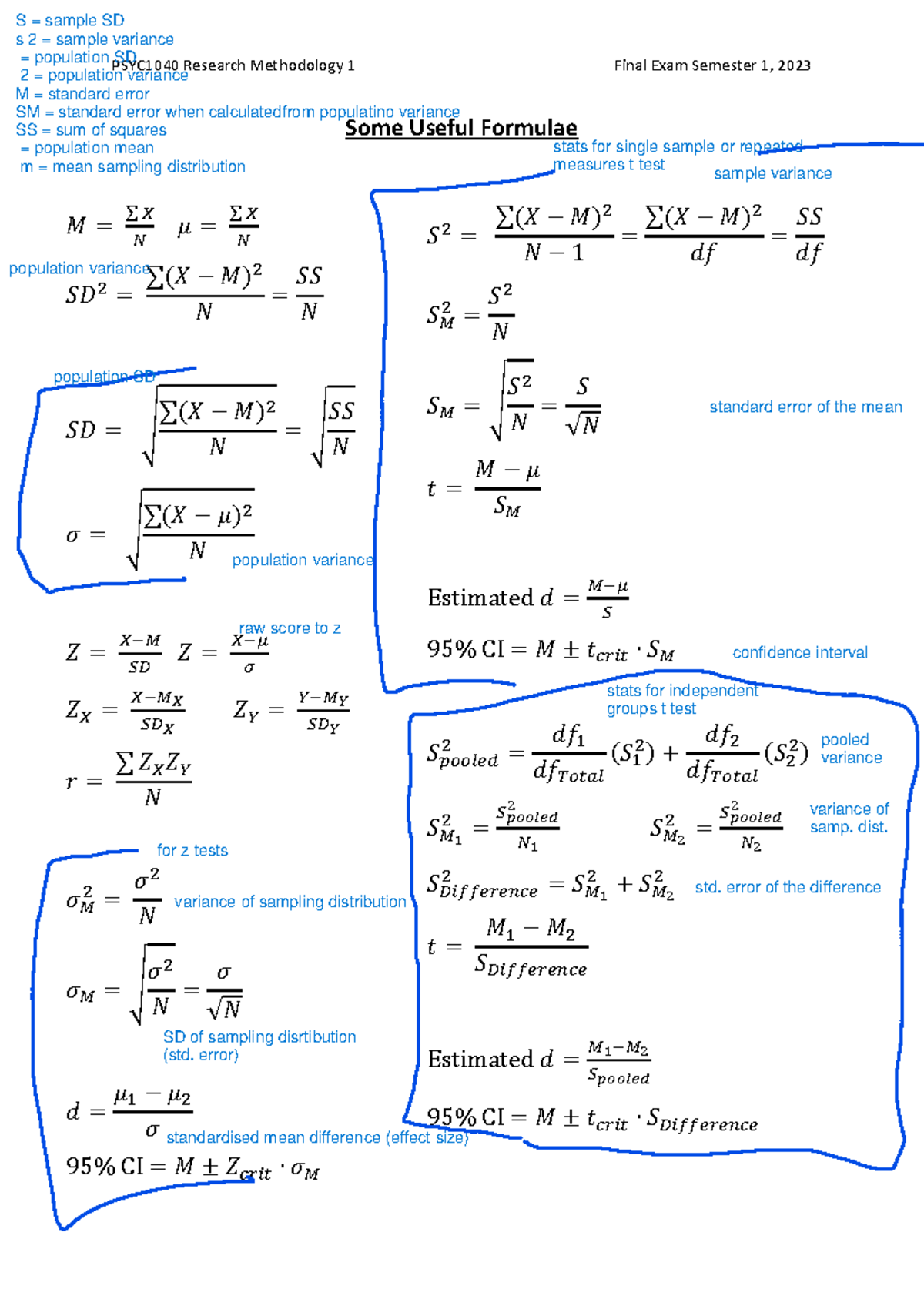 Formulas annotated 2024 - PSYC1040 Research Methodology 1 Final Exam Semester 1, 2023 Some ...