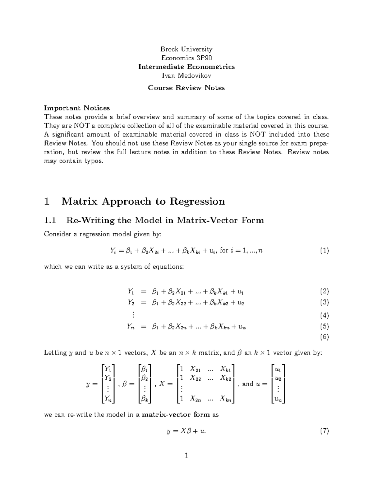 Midterm Reviww for 2 - Brock University Economics 3P90 Intermediate Econometrics Ivan Medovikov ...