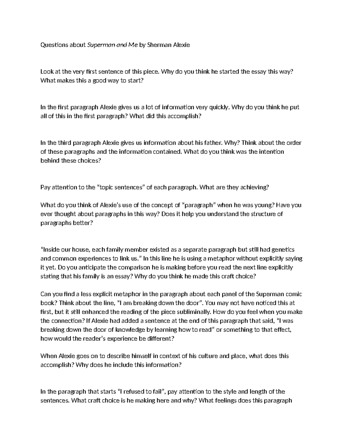 Alexie Questions - Questions about Superman and Me by Sherman Alexie ...