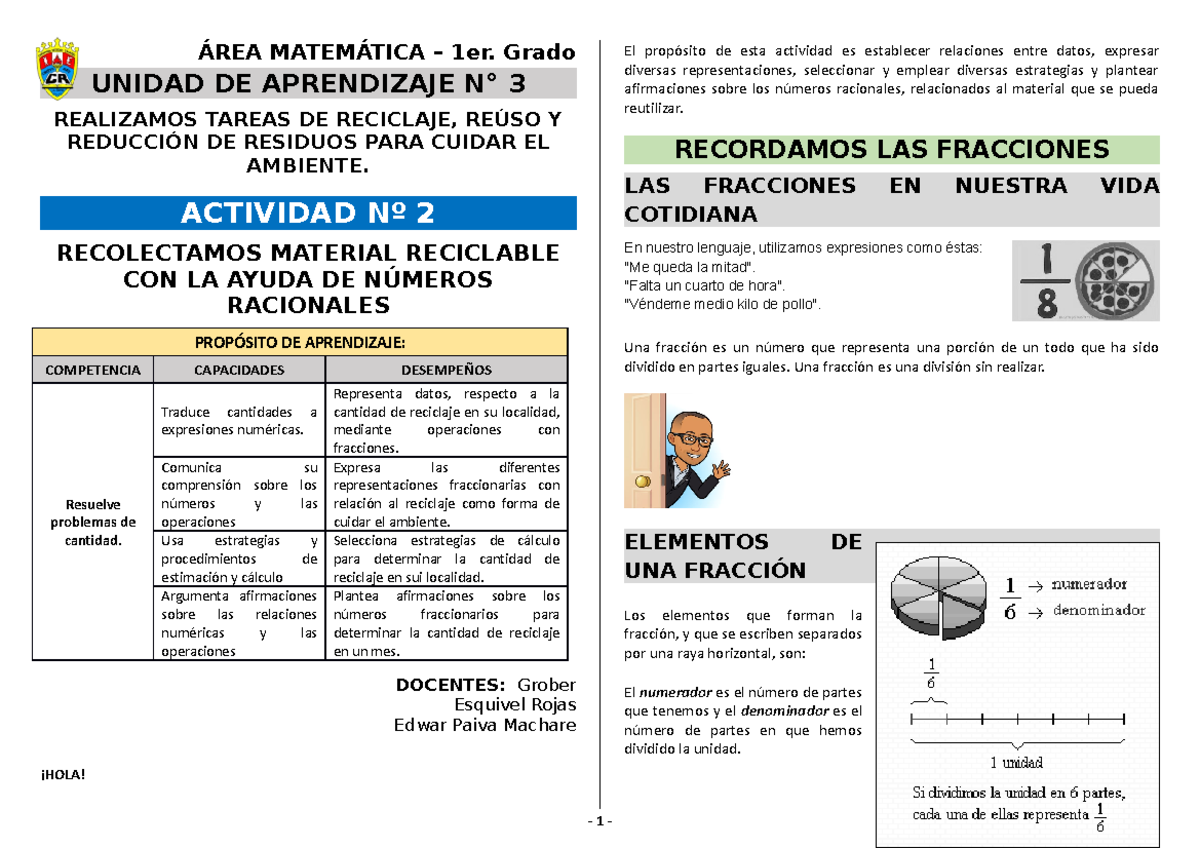 Primer grado- Actividad 2 - Unidad 3 - ÁREA MATEMÁTICA – 1er. Grado ...