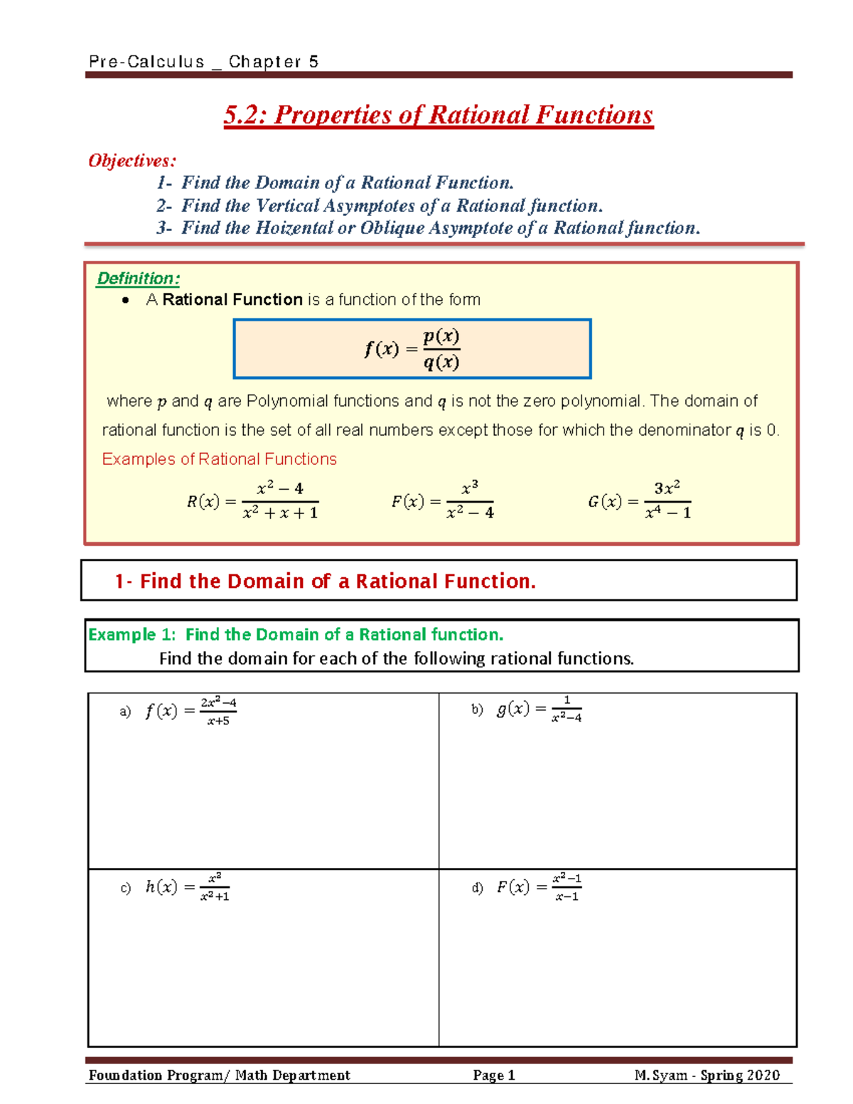 5.2 Properties of Rational Functions - Spring 2020 - 5: Properties of ...