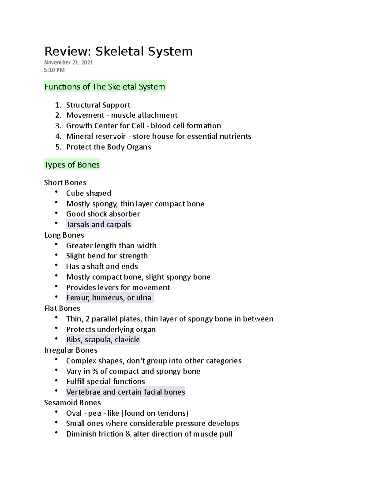 Skeletal System - Review: Skeletal System November 21, 2021 5:10 PM ...
