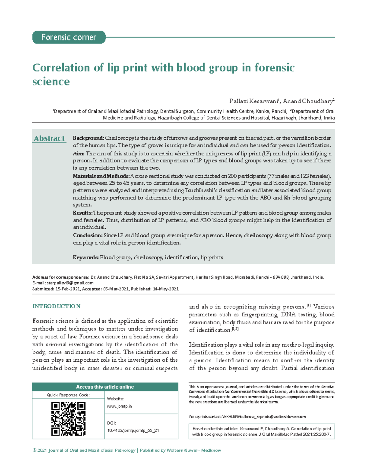 Correlation of lip print with blood group in forensic science - © 2021 ...