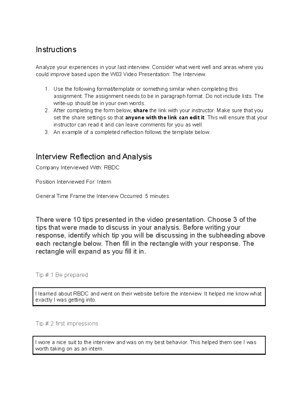 Copy of COMM 289 Interview Reflection and Analysis - Instructions Analyze your experiences in ...