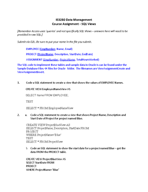 SQL queries One Assignment - IS3280 Data Management Course Assignment Introduction to SQL ...