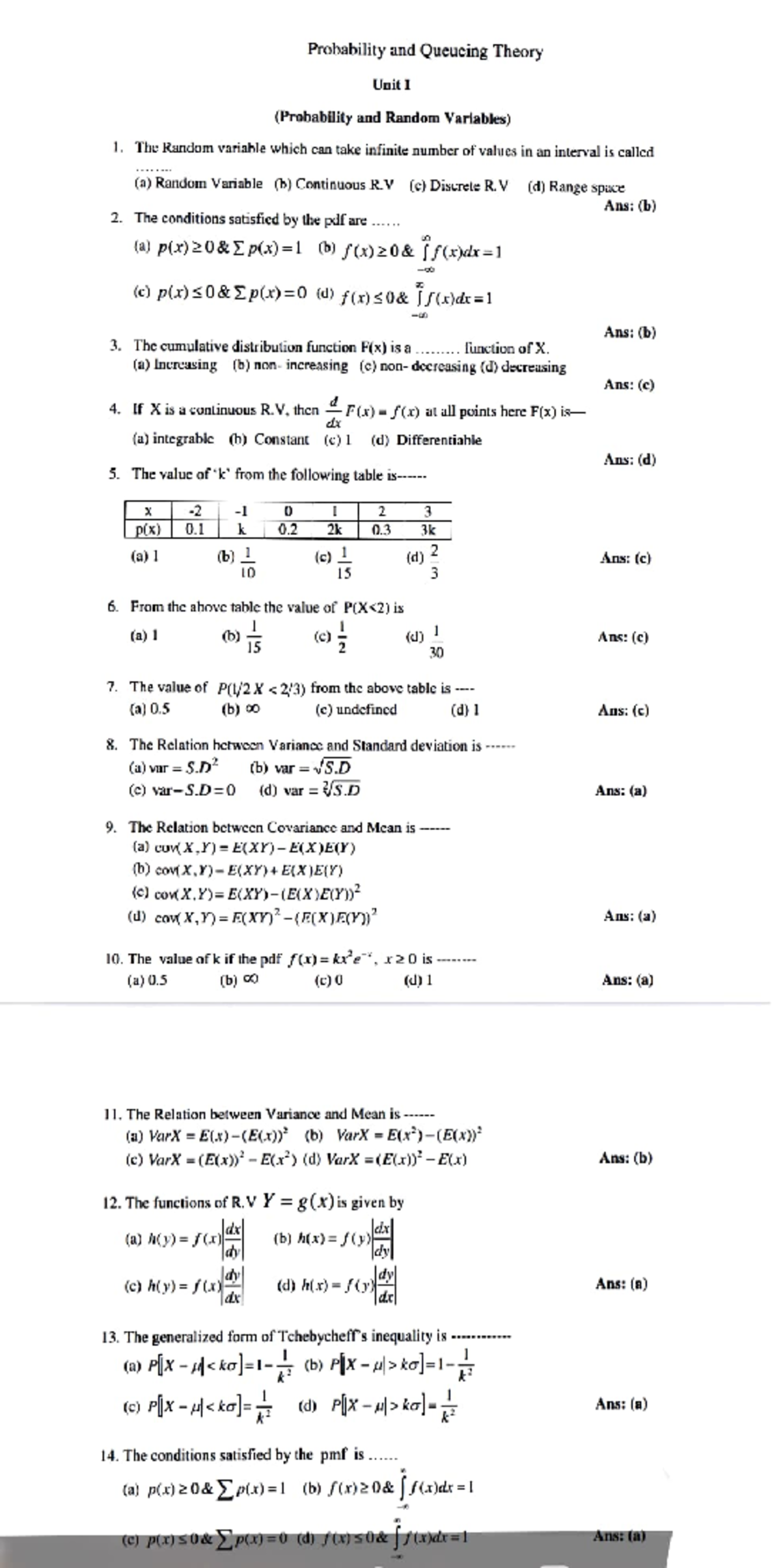21MAB204T - Unit I 1 MCQ - Probability and Queueing Theory Unit I (Probability and Random ...
