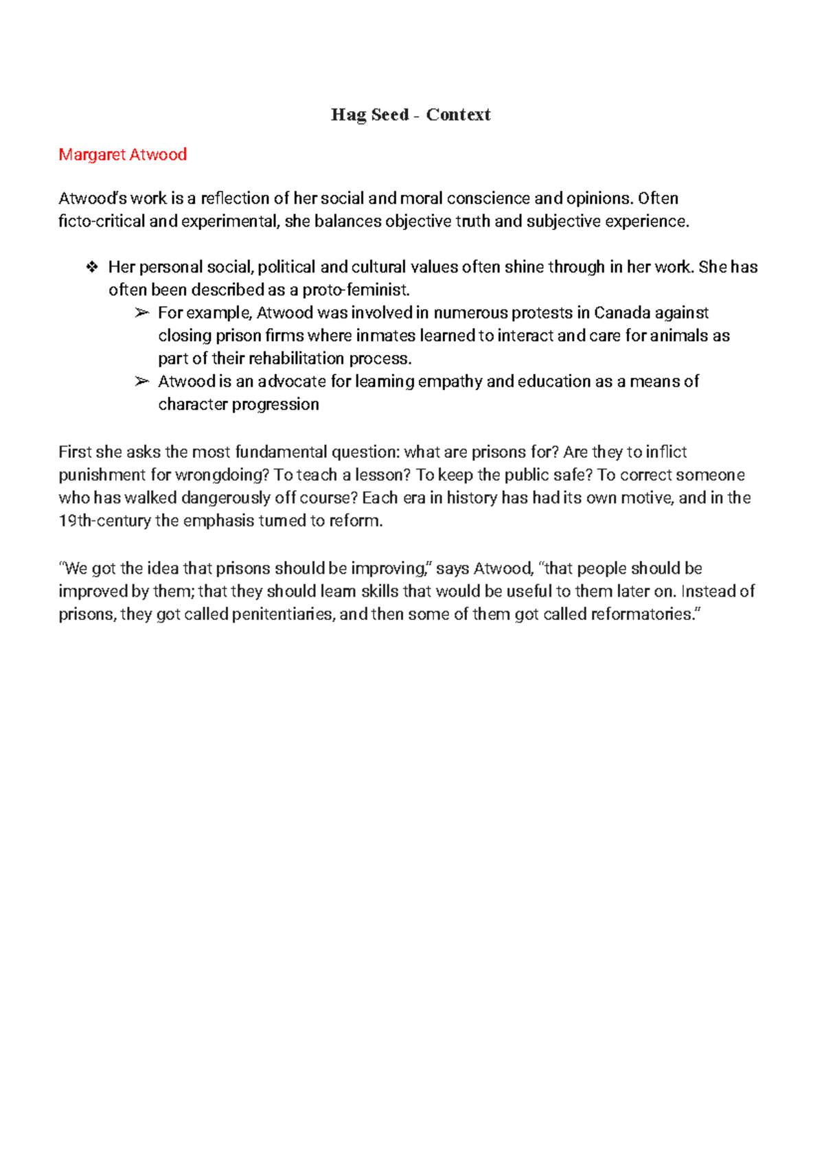 Hag Seed - Context - Hag Seed - Context Margaret Atwood Atwood’s work ...