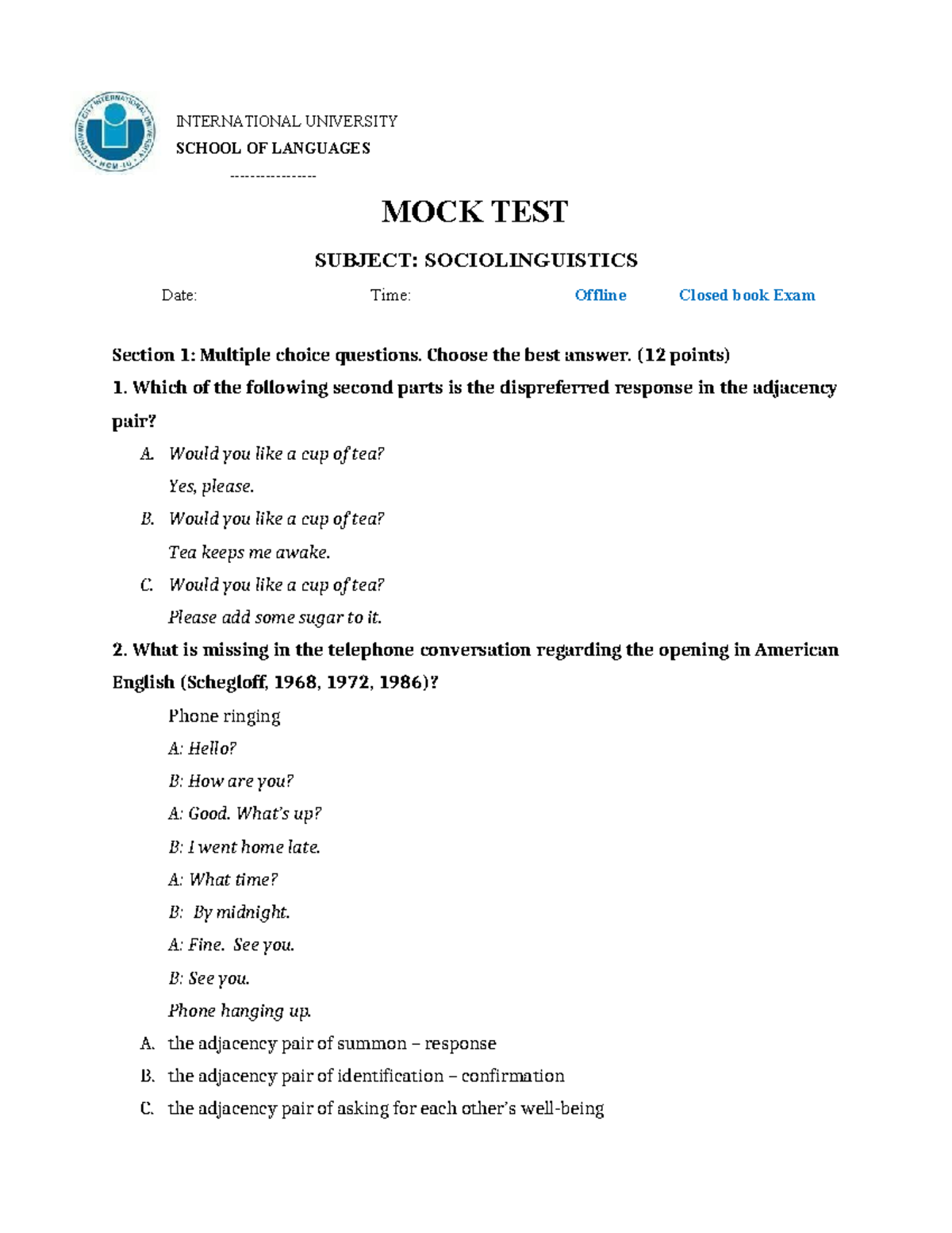 Mock Final Test Mock Test International University School Of