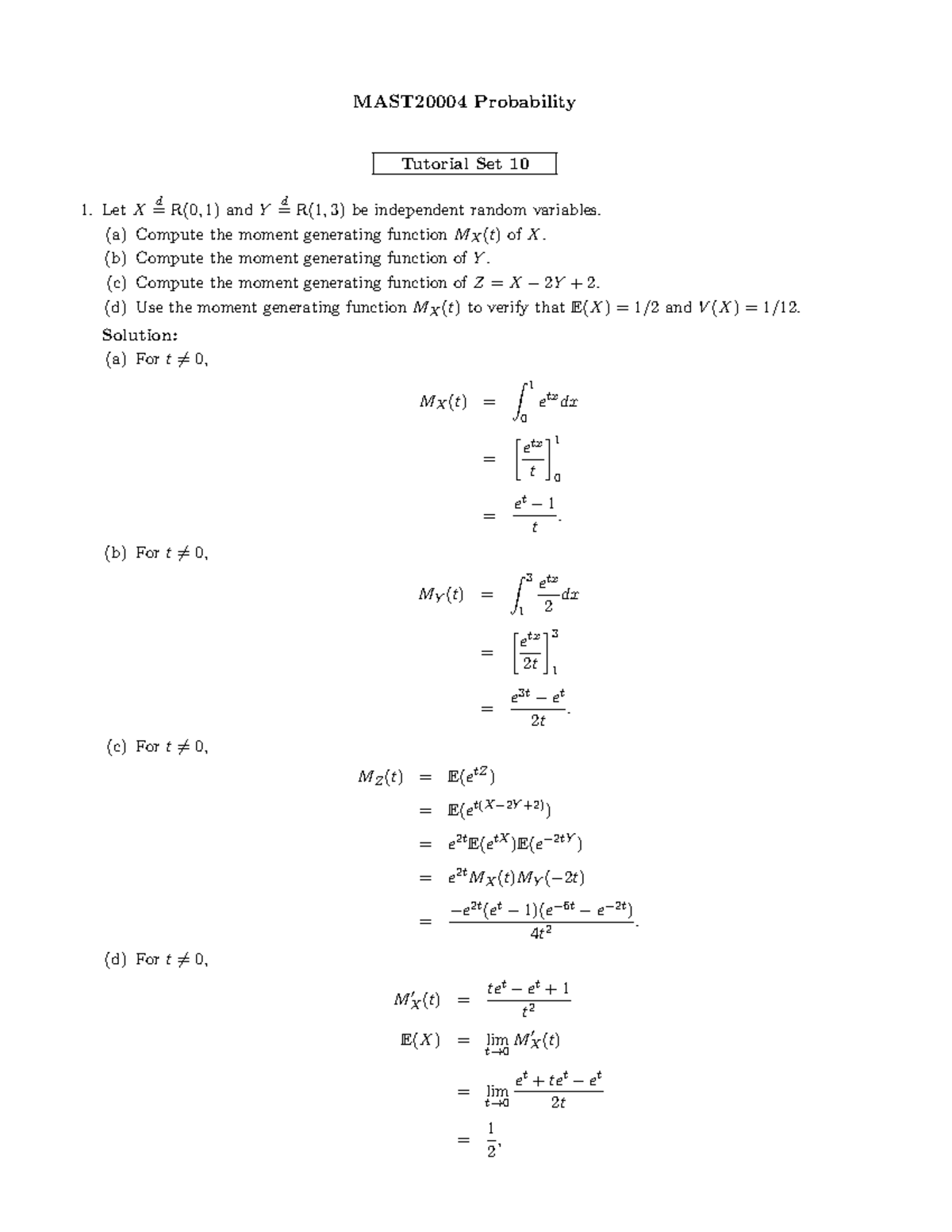 Tute Lab 10 Sol 2020 S1 - MAST20004 Probability Tutorial Set 10 1 .LetX ...