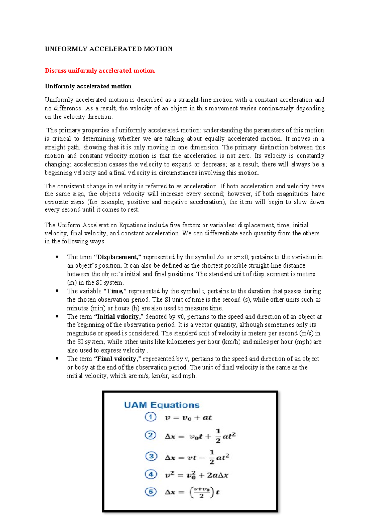 Uniformly Accelerated Motion - UNIFORMLY ACCELERATED MOTION Discuss ...