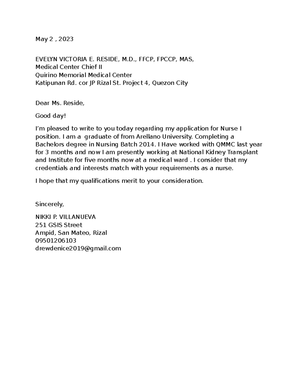 Letter of application qmmc - May 2 , 2023 EVELYN VICTORIA E. RESIDE, M ...
