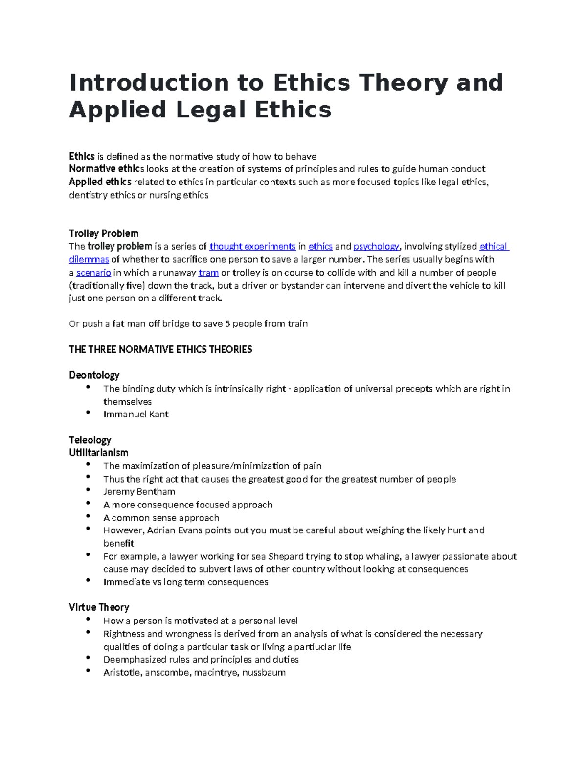 ethics lecture notes - Introduction to Ethics Theory and Applied Legal ...