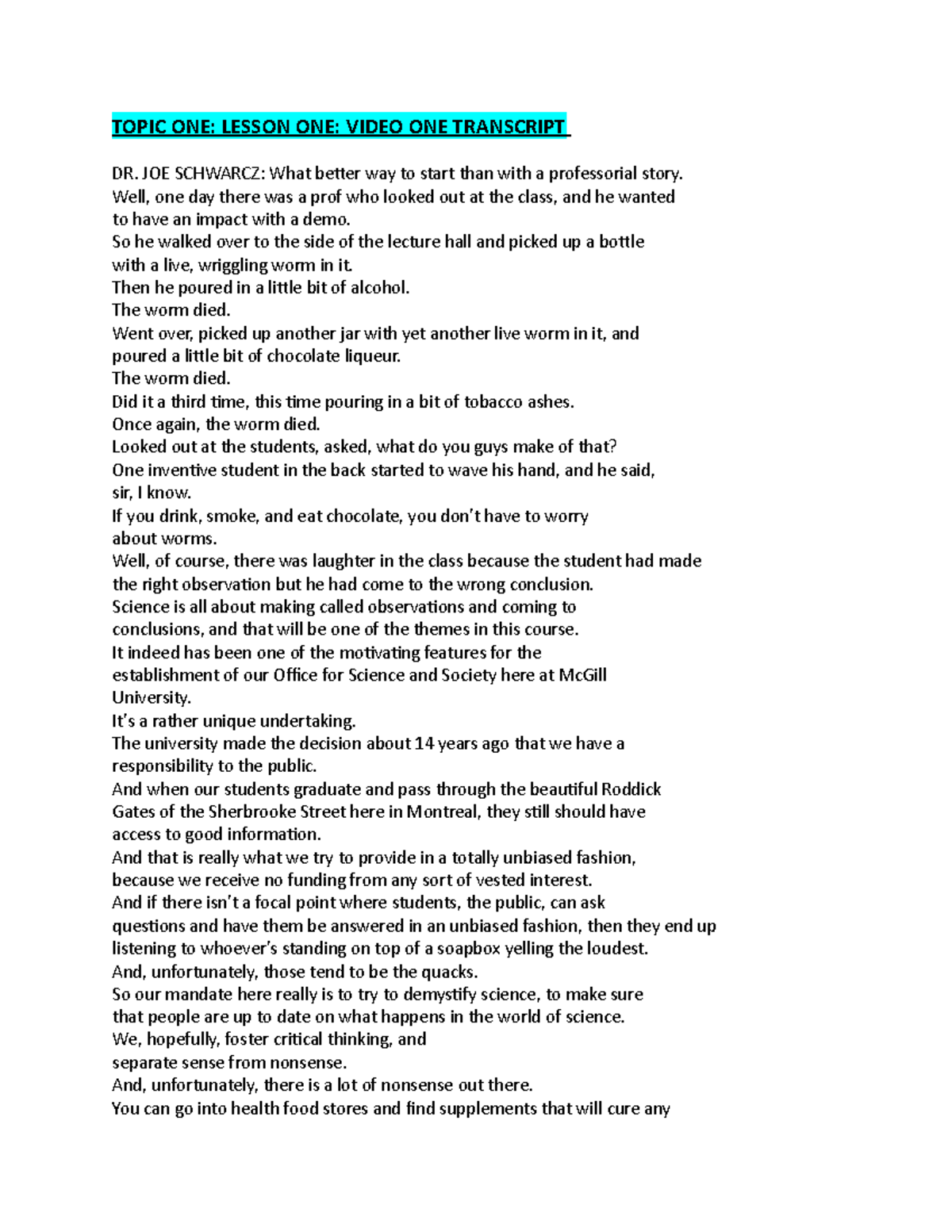 Topic One - Lesson 1-3 Video Transcripts - TOPIC ONE: LESSON ONE: VIDEO ...