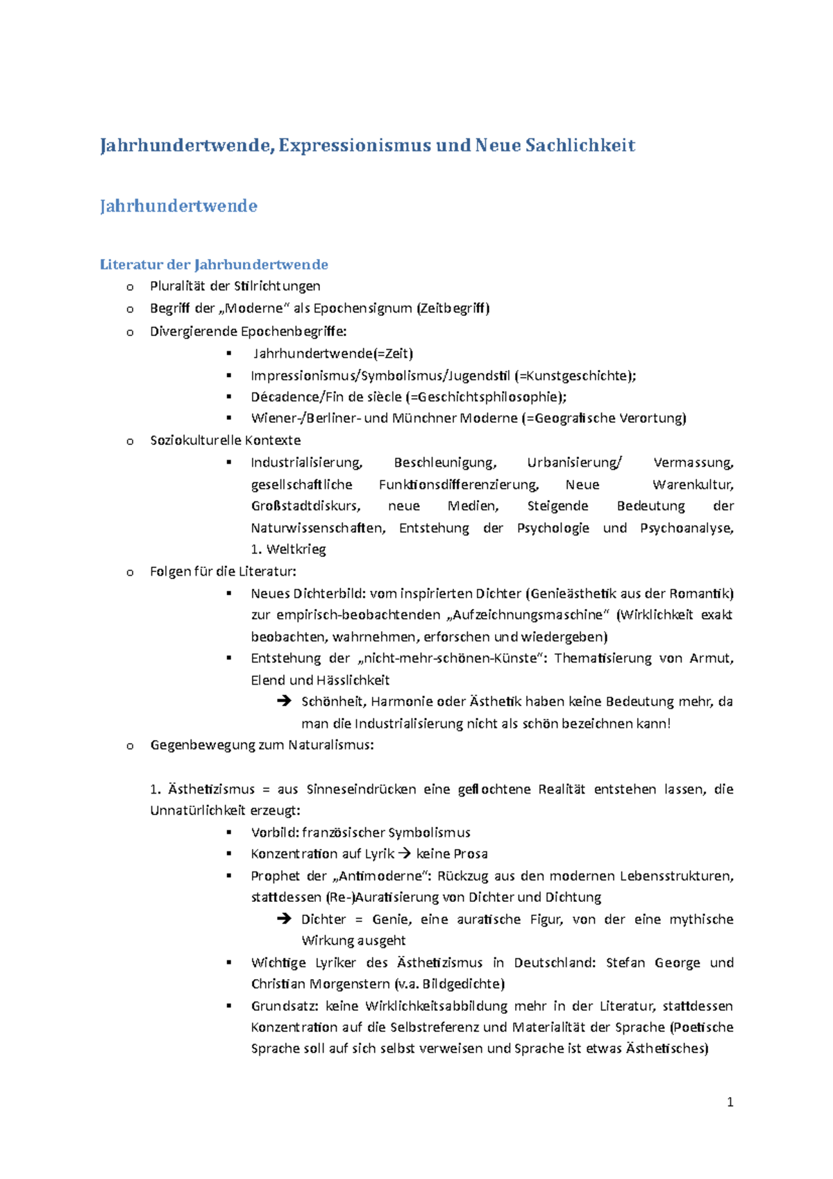 Handout NDL Jahrhundertwende, Expressionismus, Neue Sachlichkeit - Jahrhundertwende ...