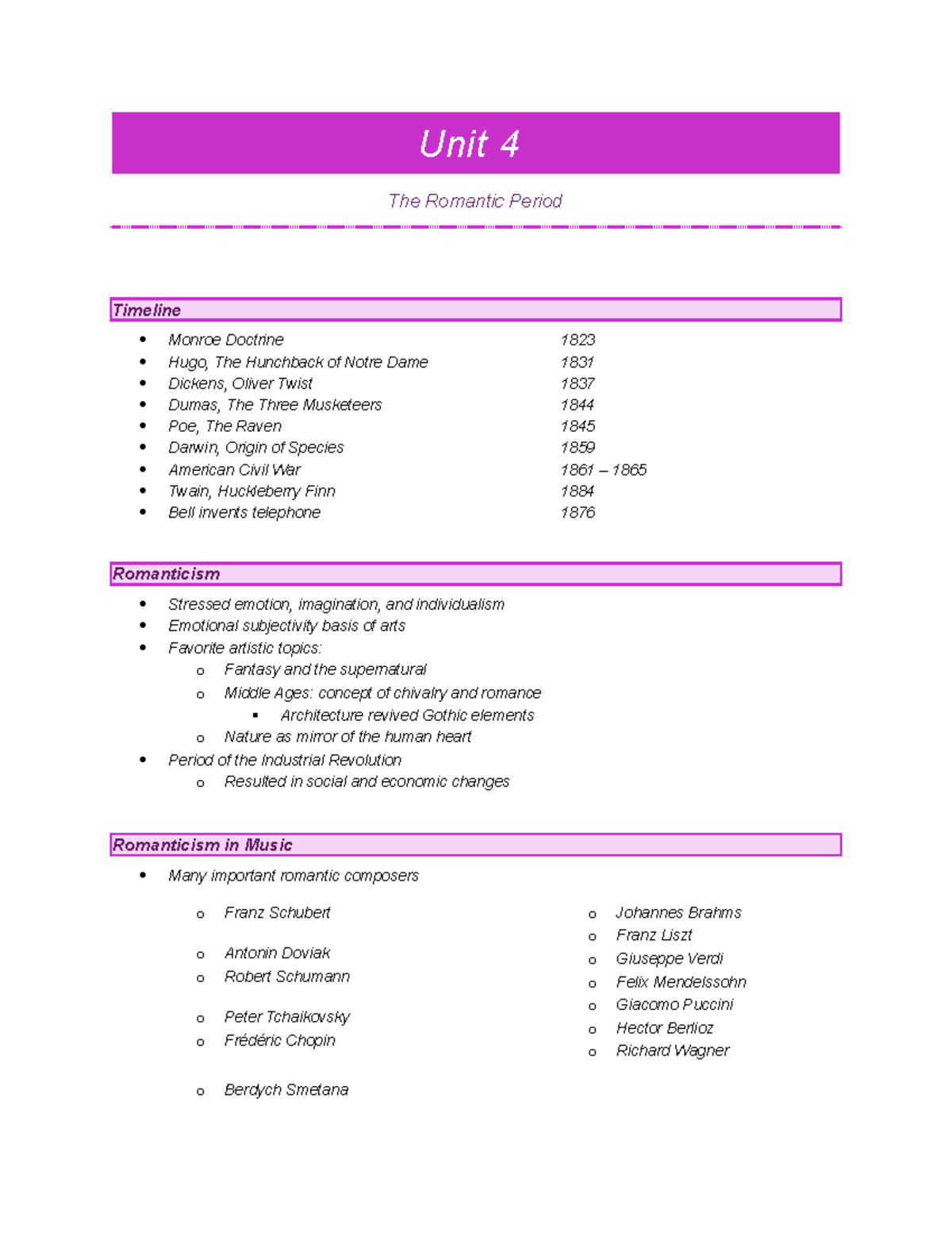 MUS 105 - Unit 4 Class Notes - Unit 4 The Romantic Period Timeline ...