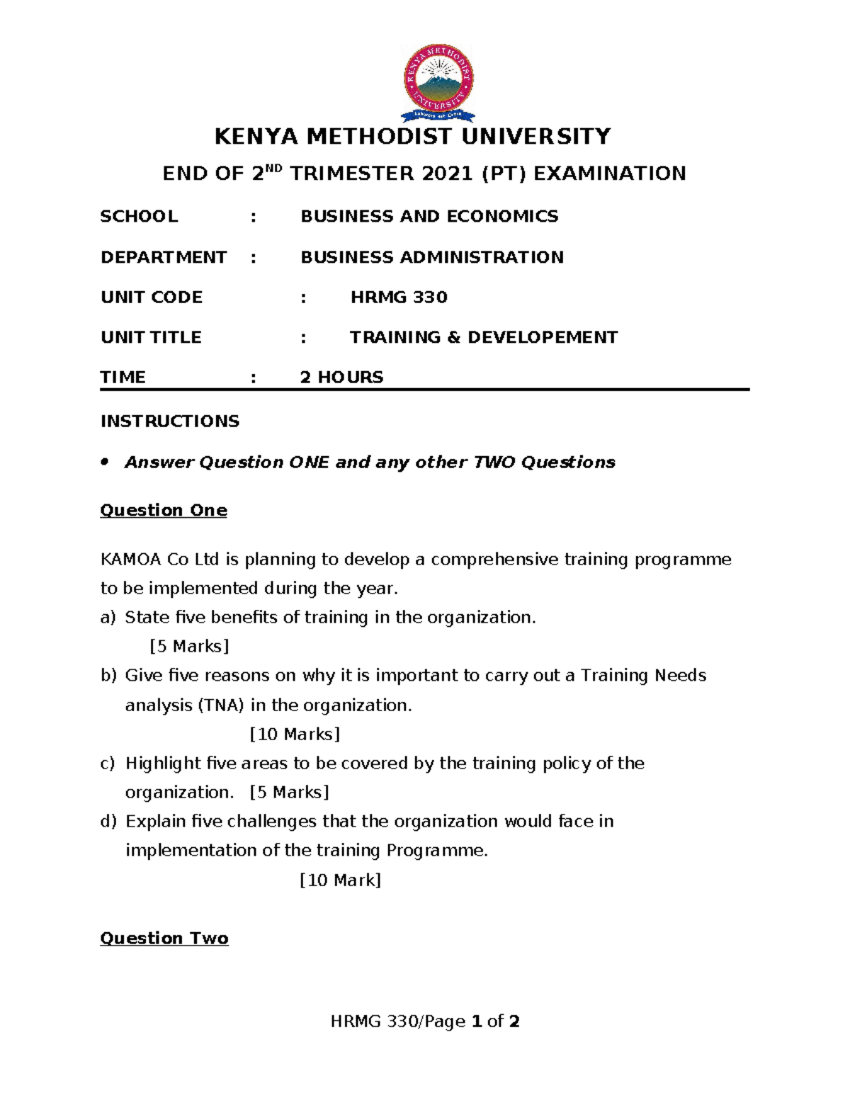 HRMG 330-Training and development - KENYA METHODIST UNIVERSITY END OF ...