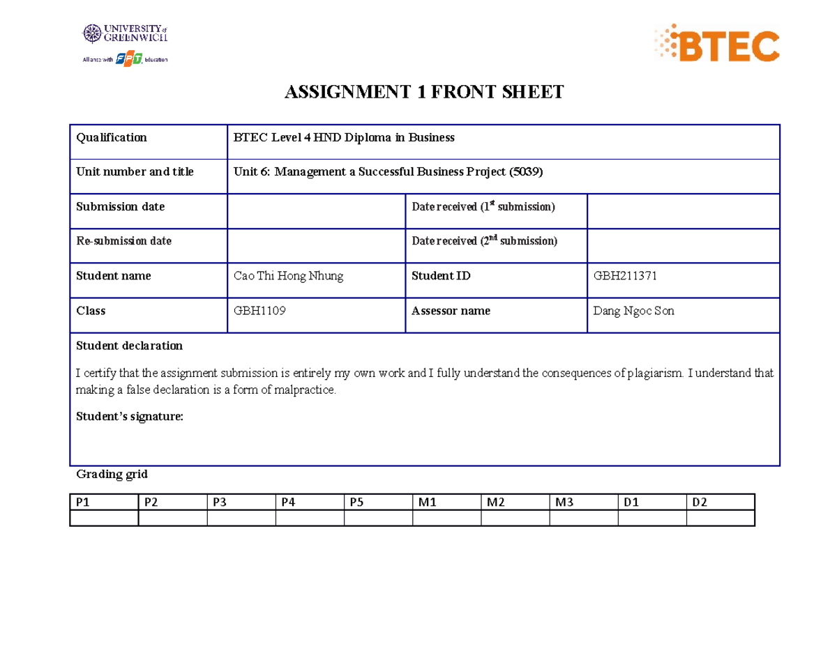 5039 Assignment 1 Frontsheet - ASSIGNMENT 1 FRONT SHEET Qualification ...