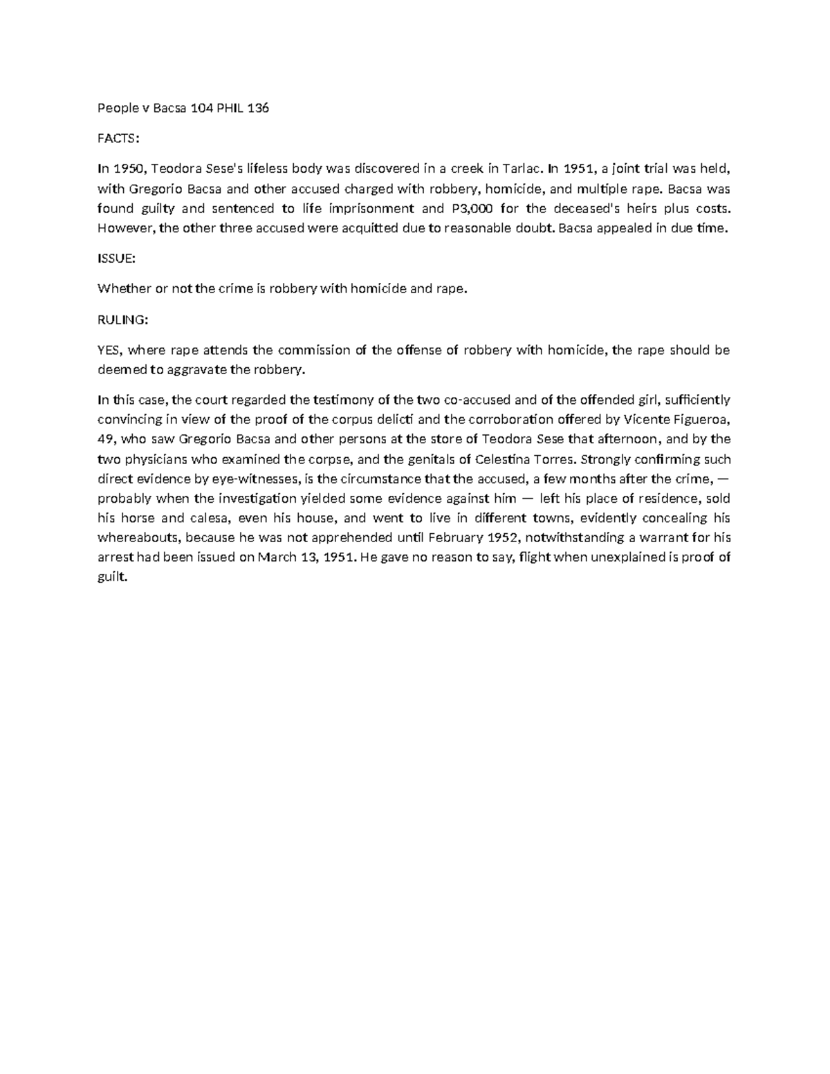 #100 People v Bacsa 104 PHIL 136 - People v Bacsa 104 PHIL 136 FACTS ...