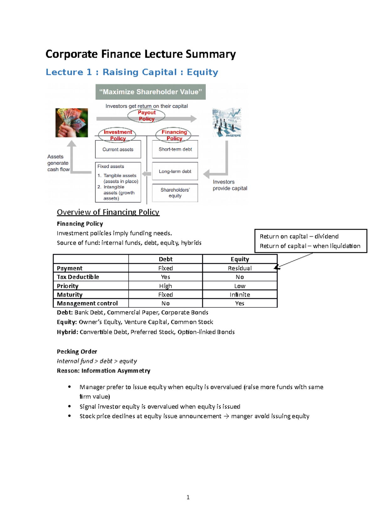 Corporate Finance Lecture Summary - Summary - Lectures 1 - 7 ...