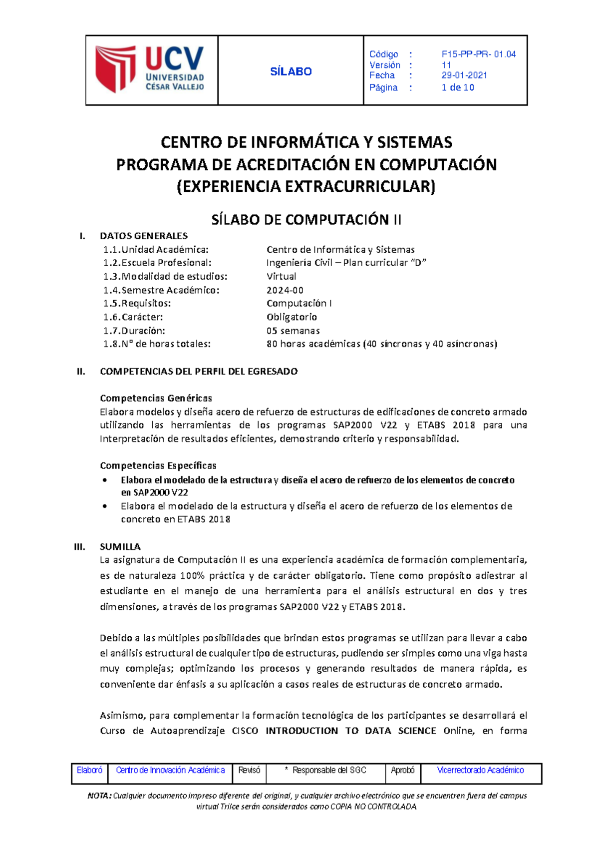 Silabo C2 - SAP 2000 V22 - Etabs 2018 - 2024-00 - SÍLABO Versión : 11 ...