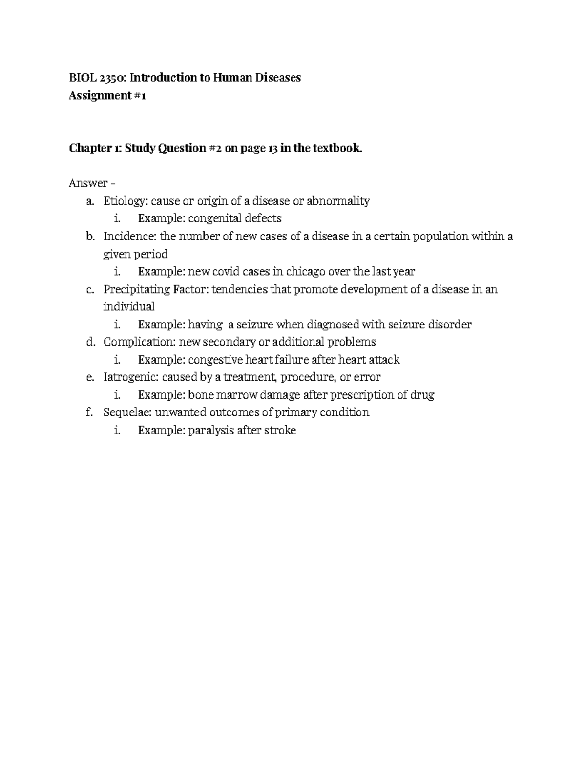 Assignment #1 - BIOL 2350: Introduction to Human Diseases Assignment ...
