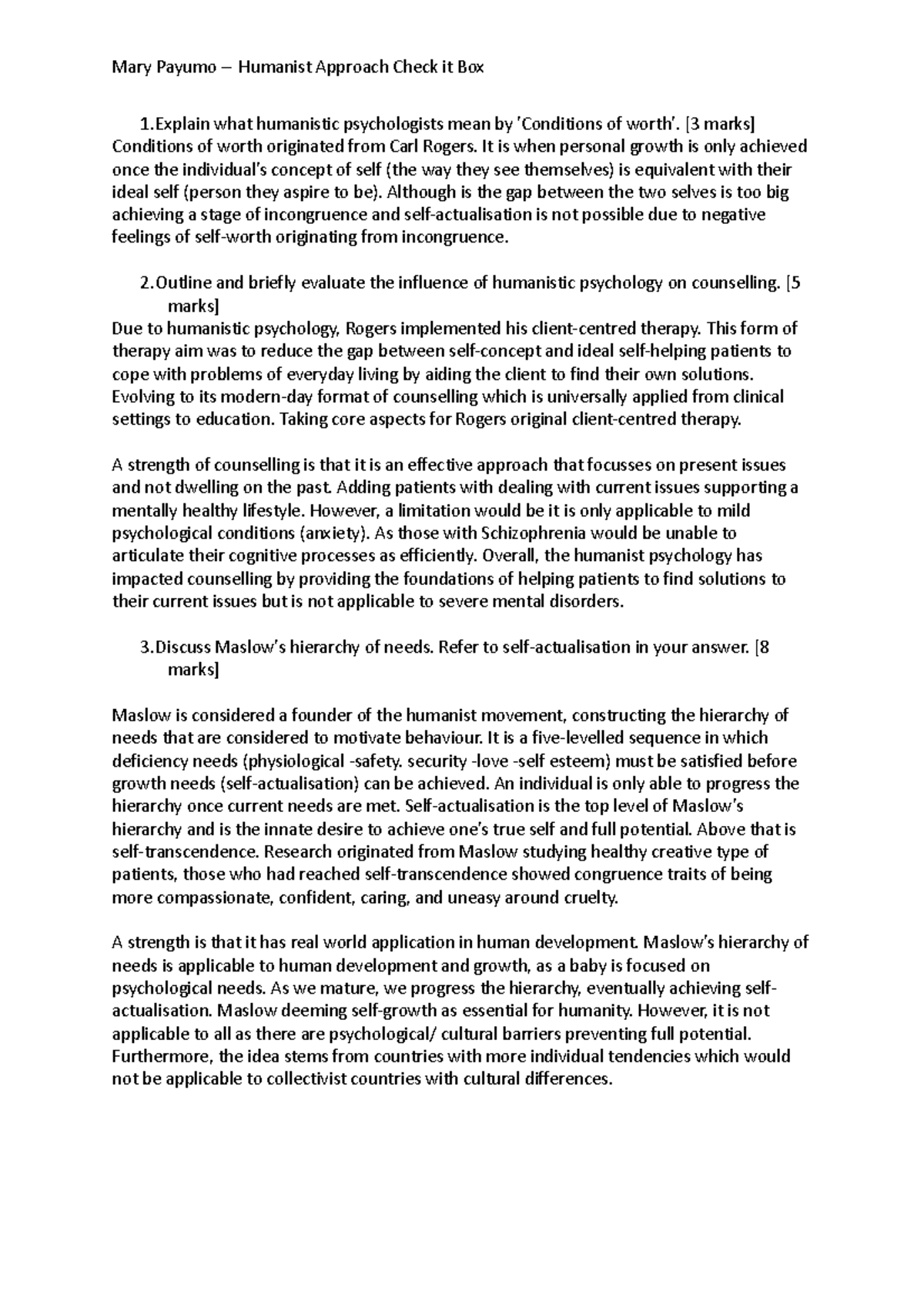 Humanist Approach Check it boxes - [3 marks] Conditions of worth ...