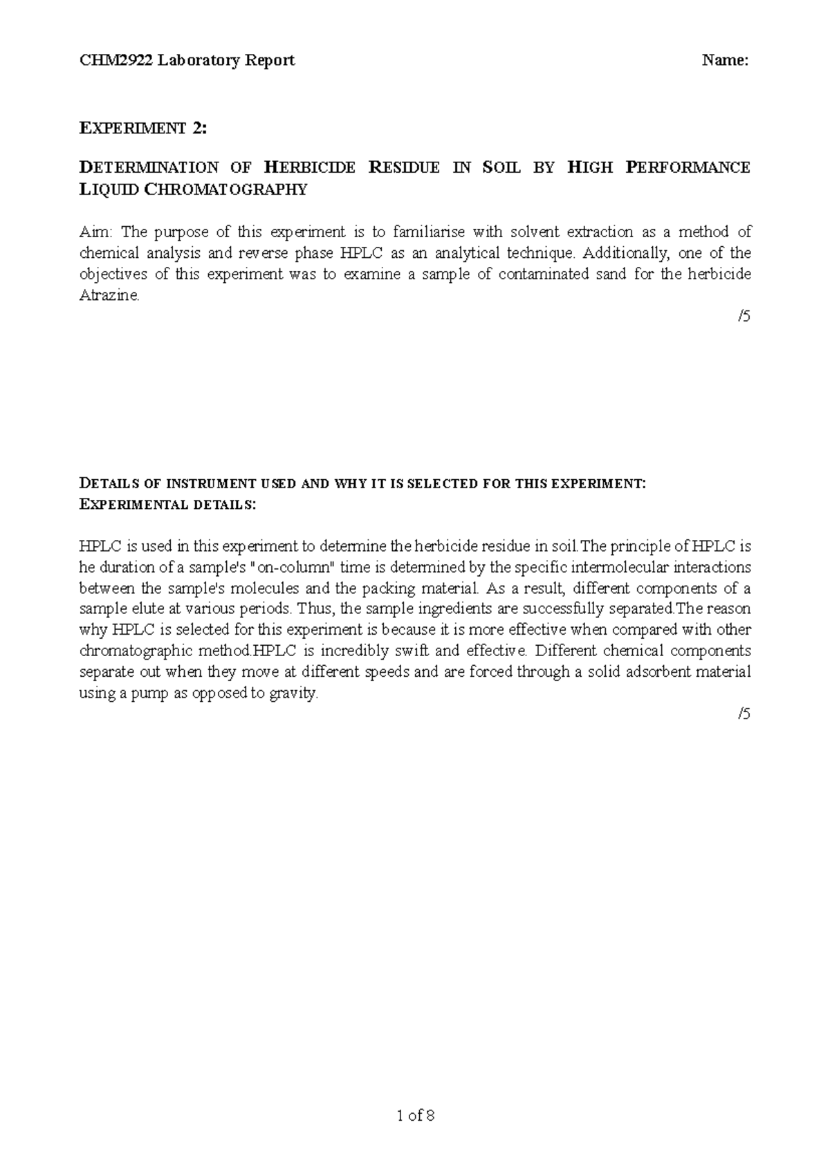CHM2922 Exp 3 - Experiment 3 report - CHM2922 Laboratory Report Name: EXPERIMENT 2 ...